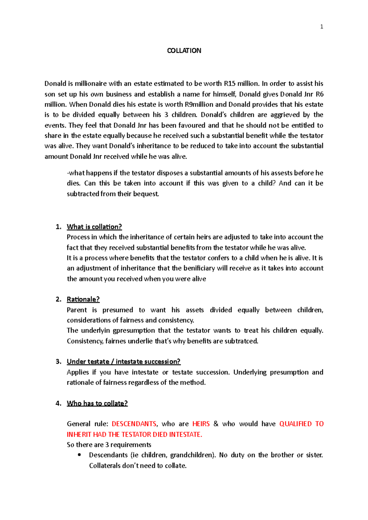 Collation - 1 COLLATION Donald is millionaire with an estate estimated ...