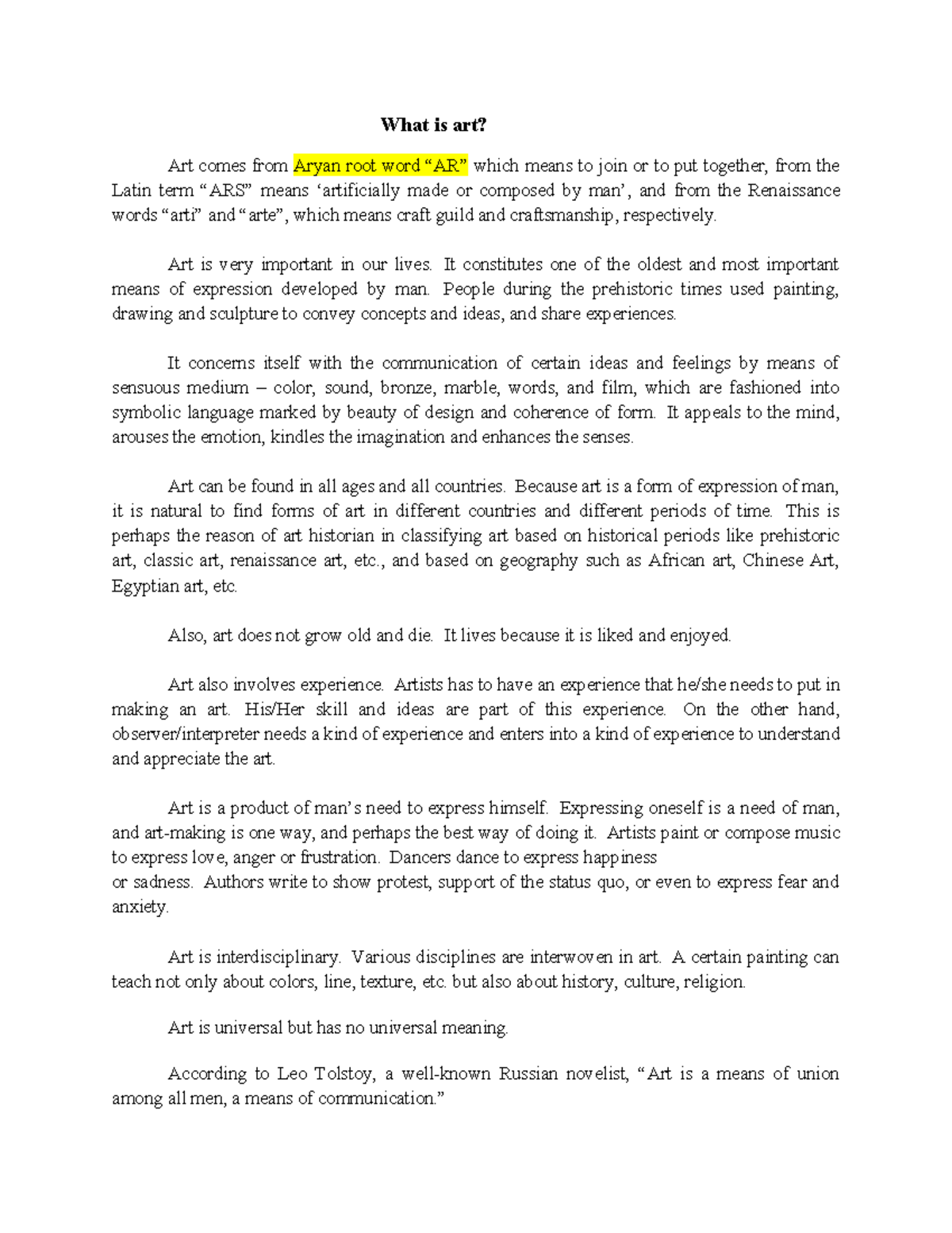 Hum-01-unit-1 - humss - What is art? Art comes from Aryan root word “AR ...