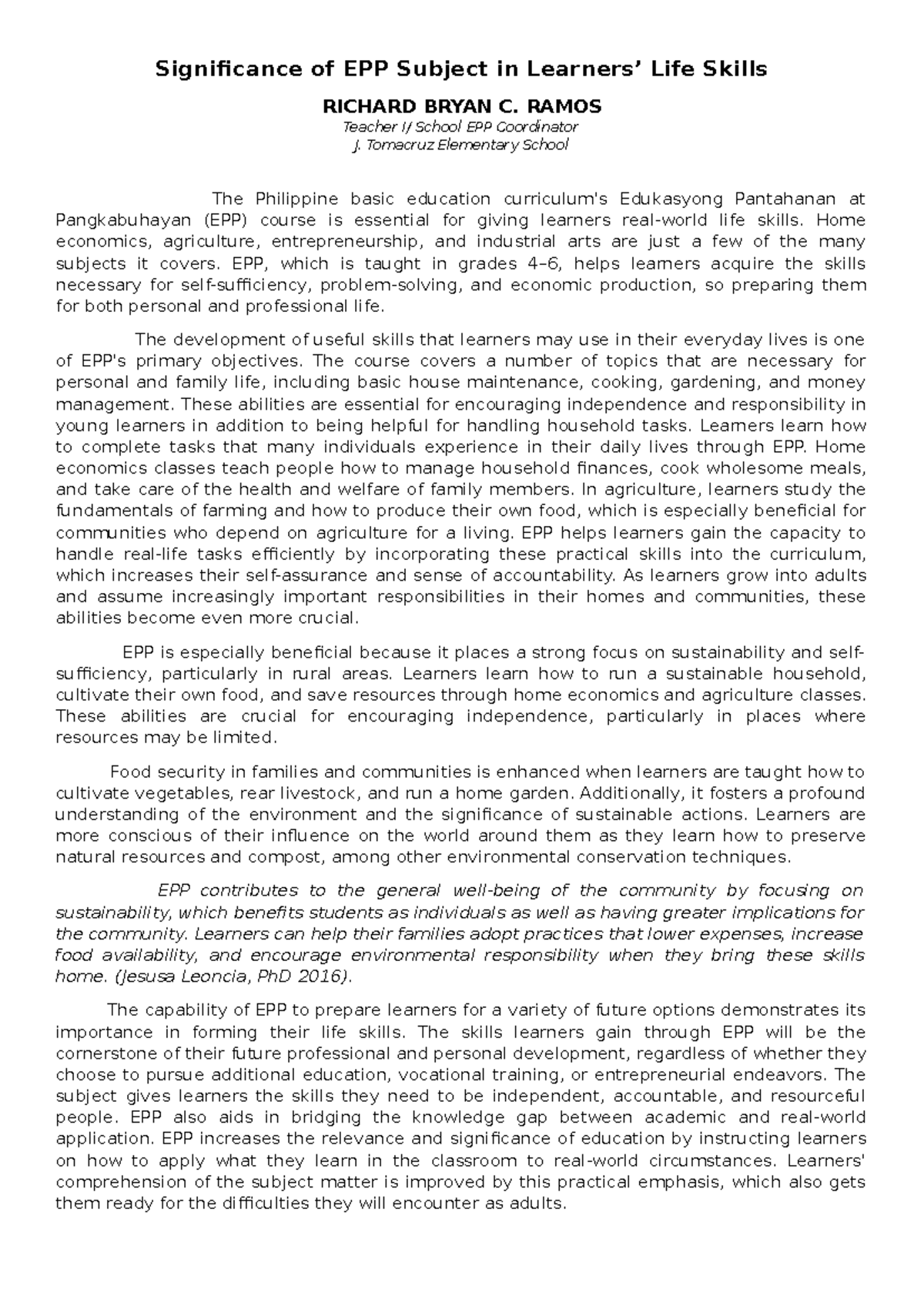Article Significance of EPP Subject in Learners Life Skills ...