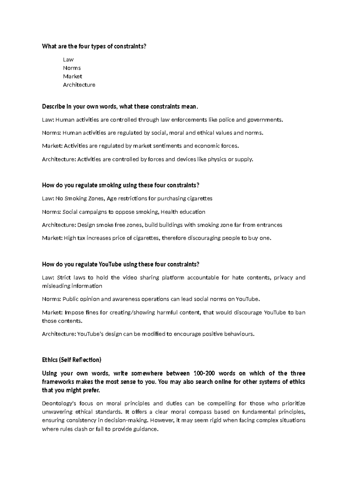 Tutorial work week 1 - What are the four types of constraints? Law ...