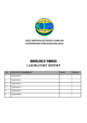 Prelab EXP4 Biology - Pre Laboratory for Experiment 4 - SB015 Module ...