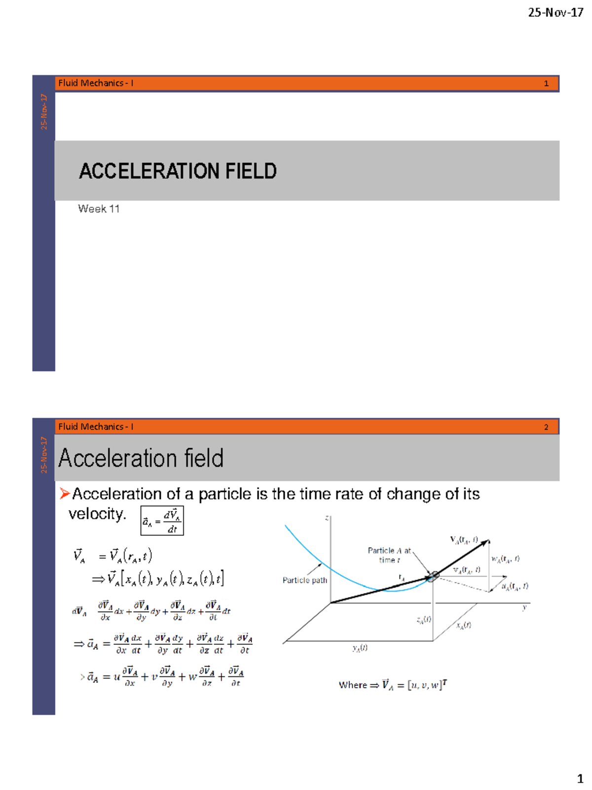 Week11 Chp04 Acc n RTT - Fluid Mechanics I 1 ACCELERATION FIELD Week 11 ...