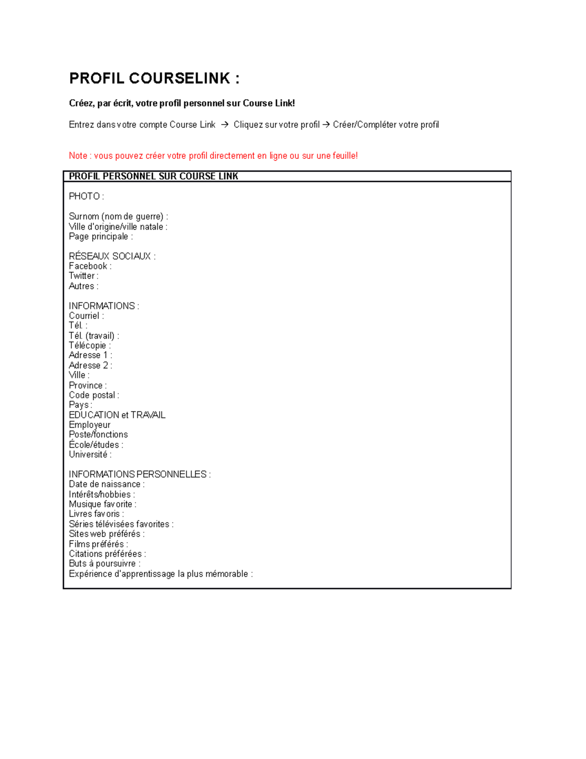 Profil Courselink - PROFIL COURSELINK : Créez, par écrit, votre profil personnel sur Course Link ...
