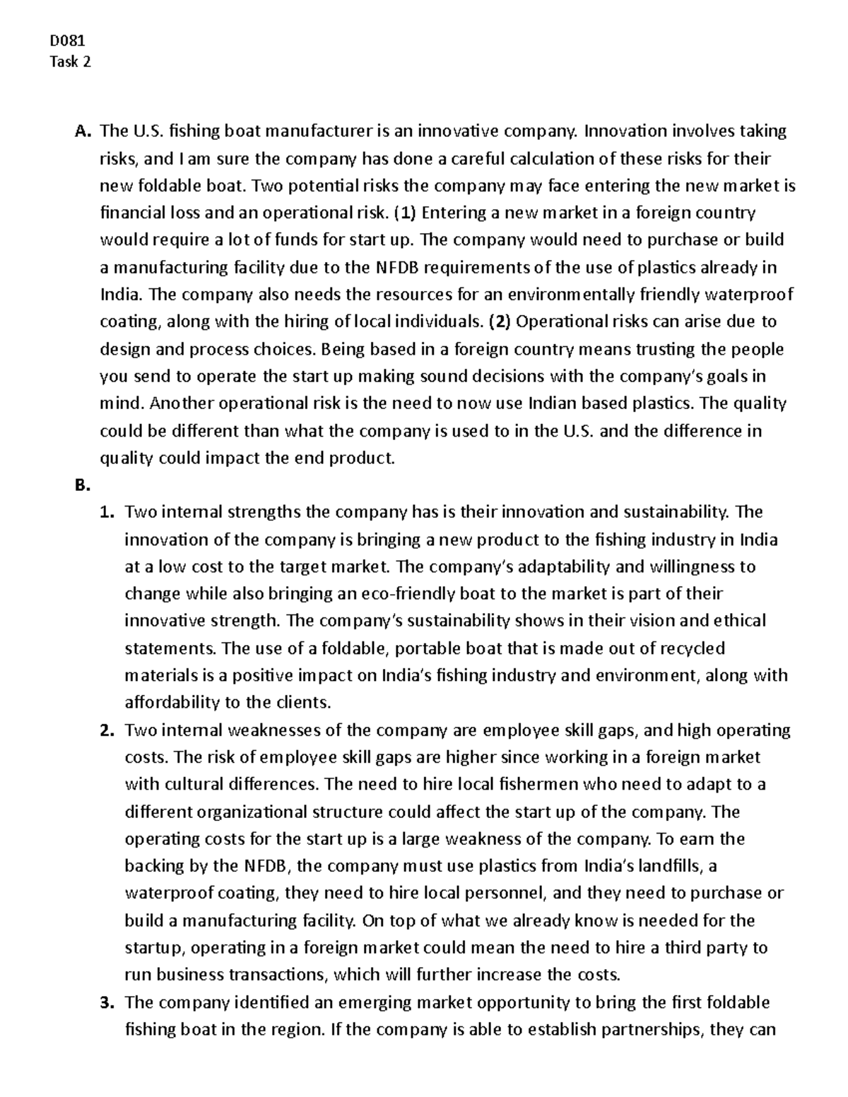 D081 task 2 - D081 task 2 - D Task 2 A. The U. fishing boat ...