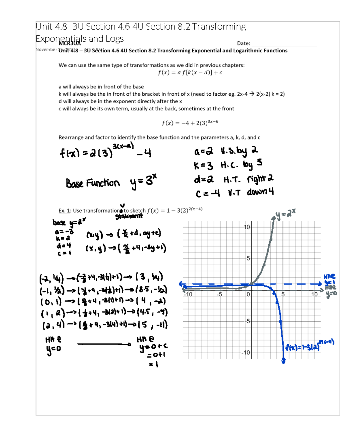 Unit 4.8- 3U Section 4.6 4U Section 8.2 Transforming Exponentials and Logs Complete - Studocu