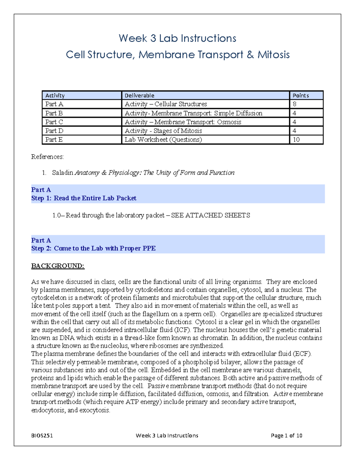BIO 251: A&P I - Week 3 - Lab 3 - Cell Structure, Membrane Transport, and Mitosis - Week 3 Lab ...