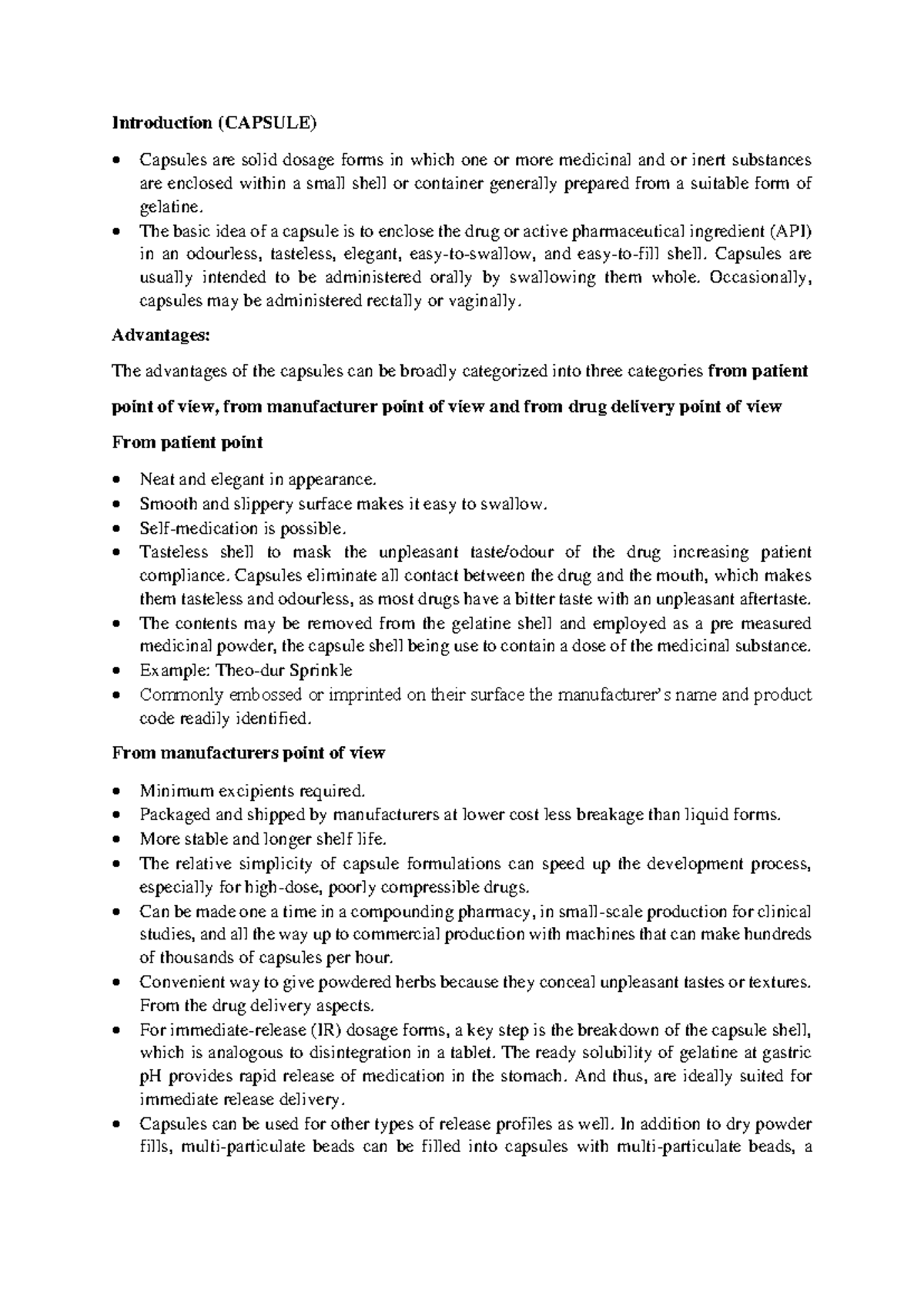 Capsule detailed Note - Introduction (CAPSULE) Capsules are solid ...