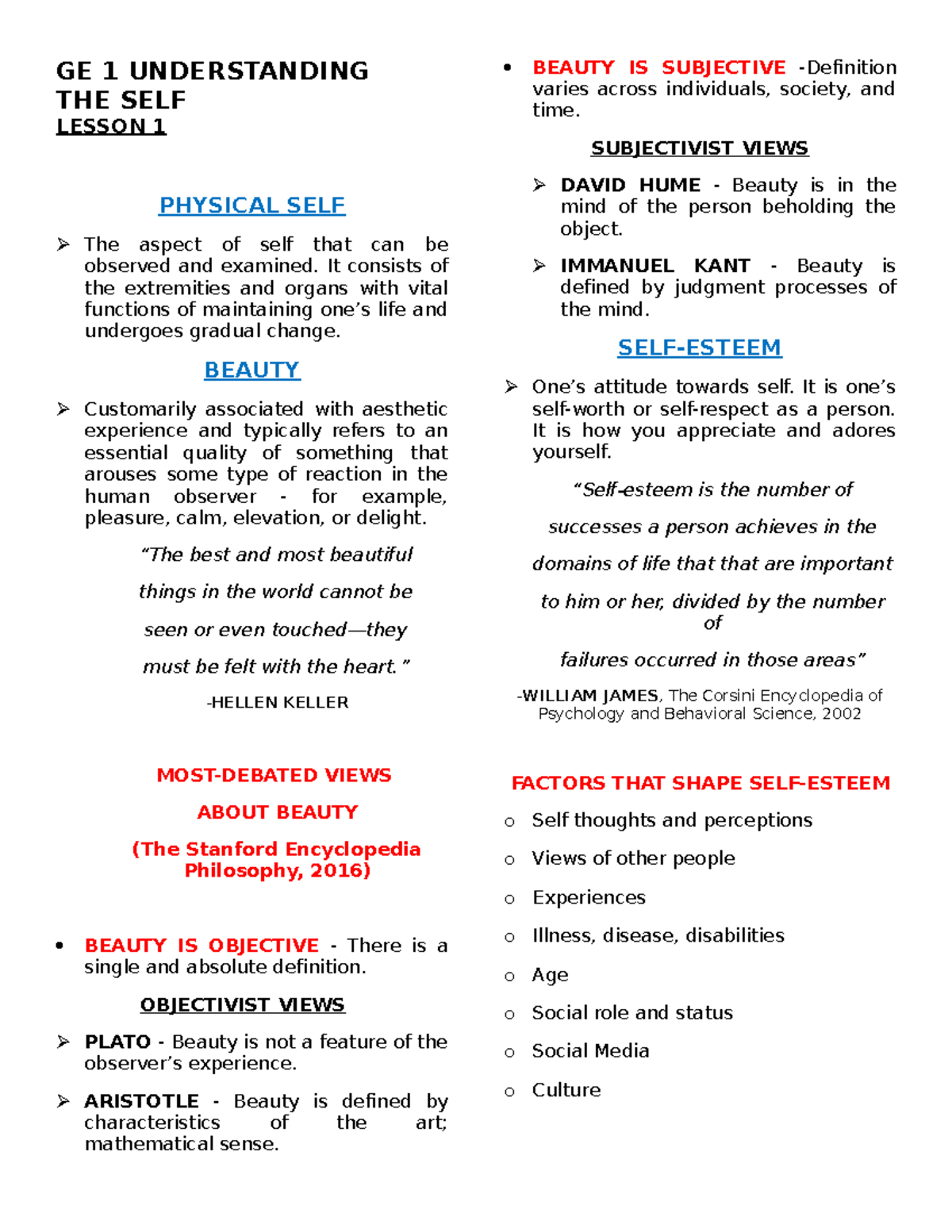 GE1 - Lesson 1 - GE 1 UNDERSTANDING THE SELF LESSON 1 PHYSICAL SELF The aspect of self that can ...