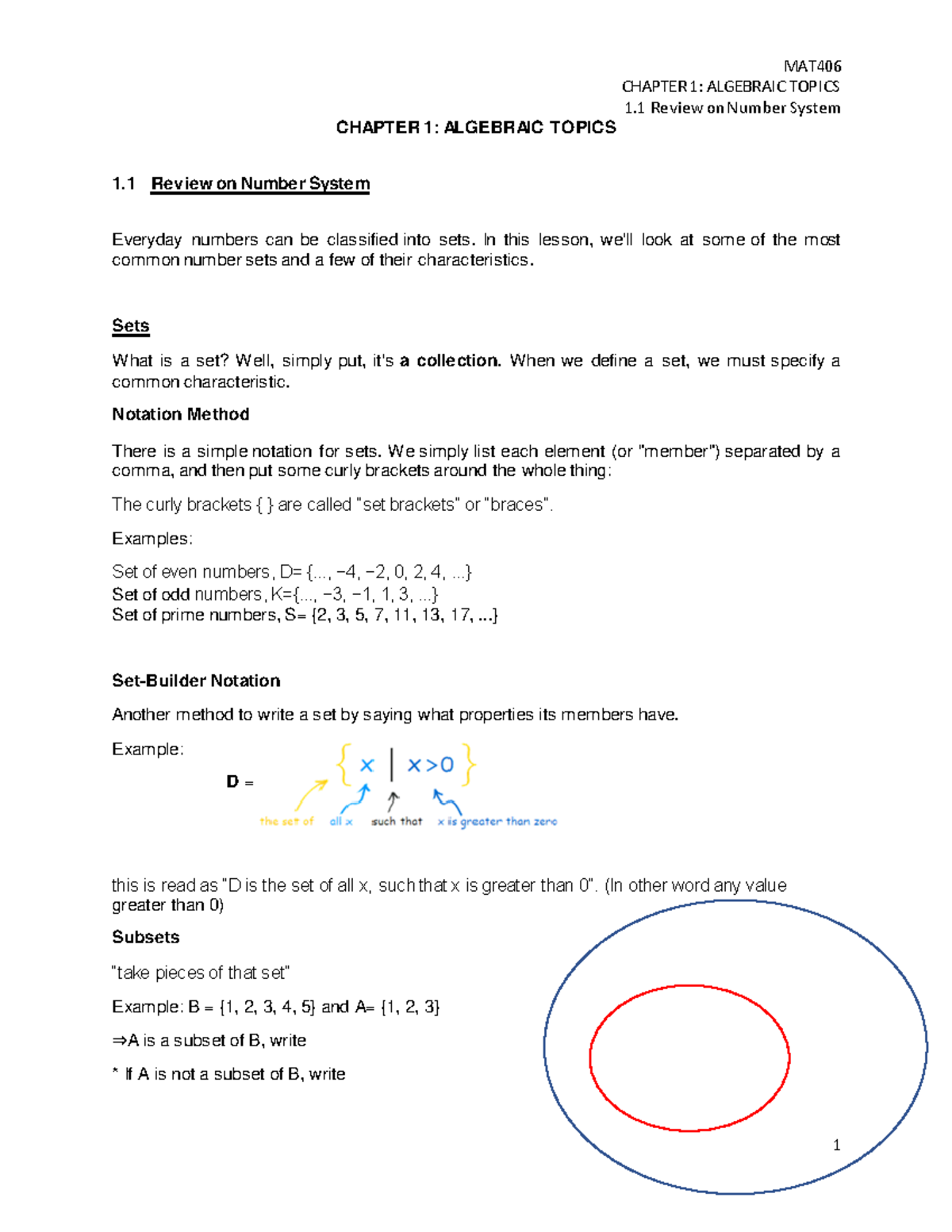 1.1 review on number system - CHAPTER 1: ALGEBRAIC TOPICS 1 Review on ...