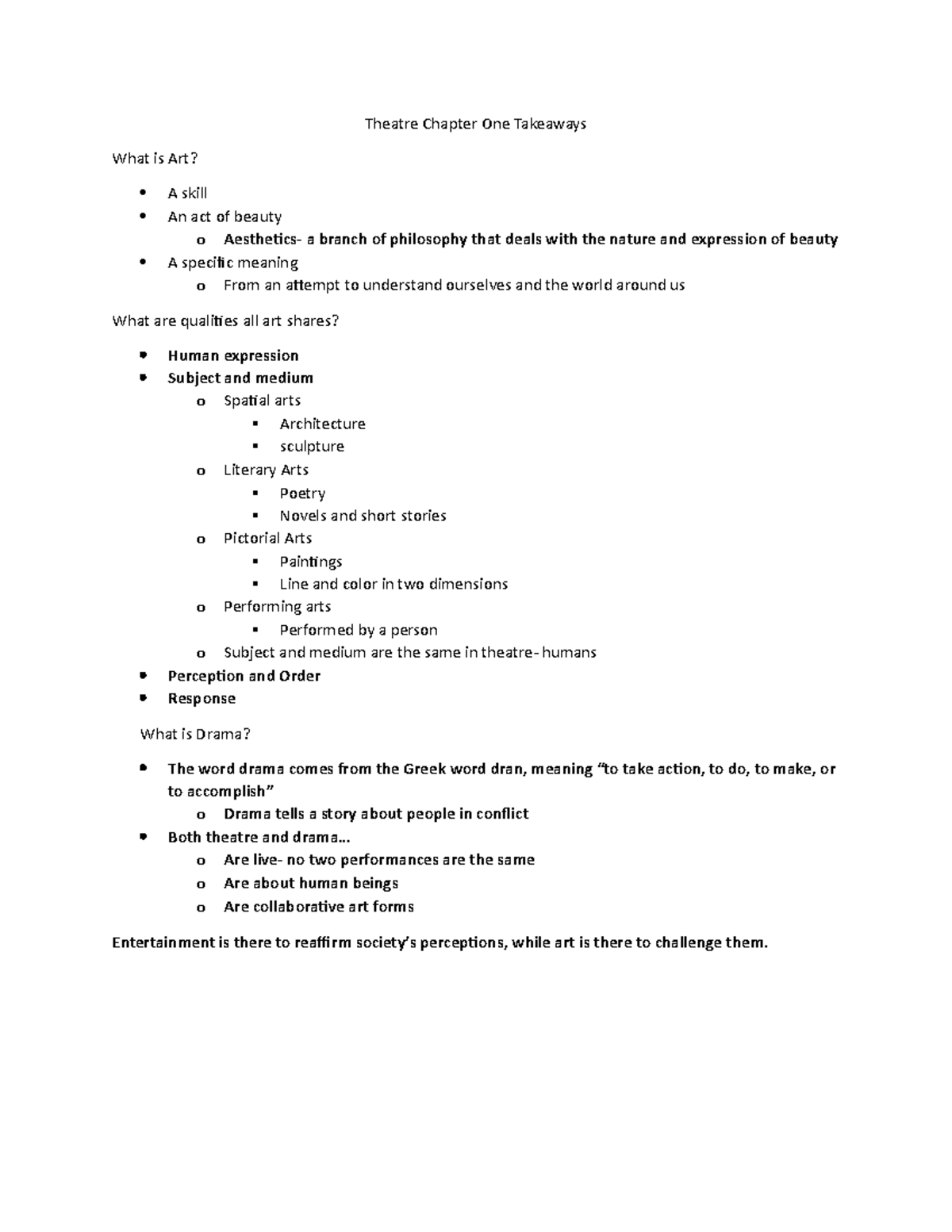 Theatre Lecture Notes - Theatre Chapter One Takeaways What is Art? A ...