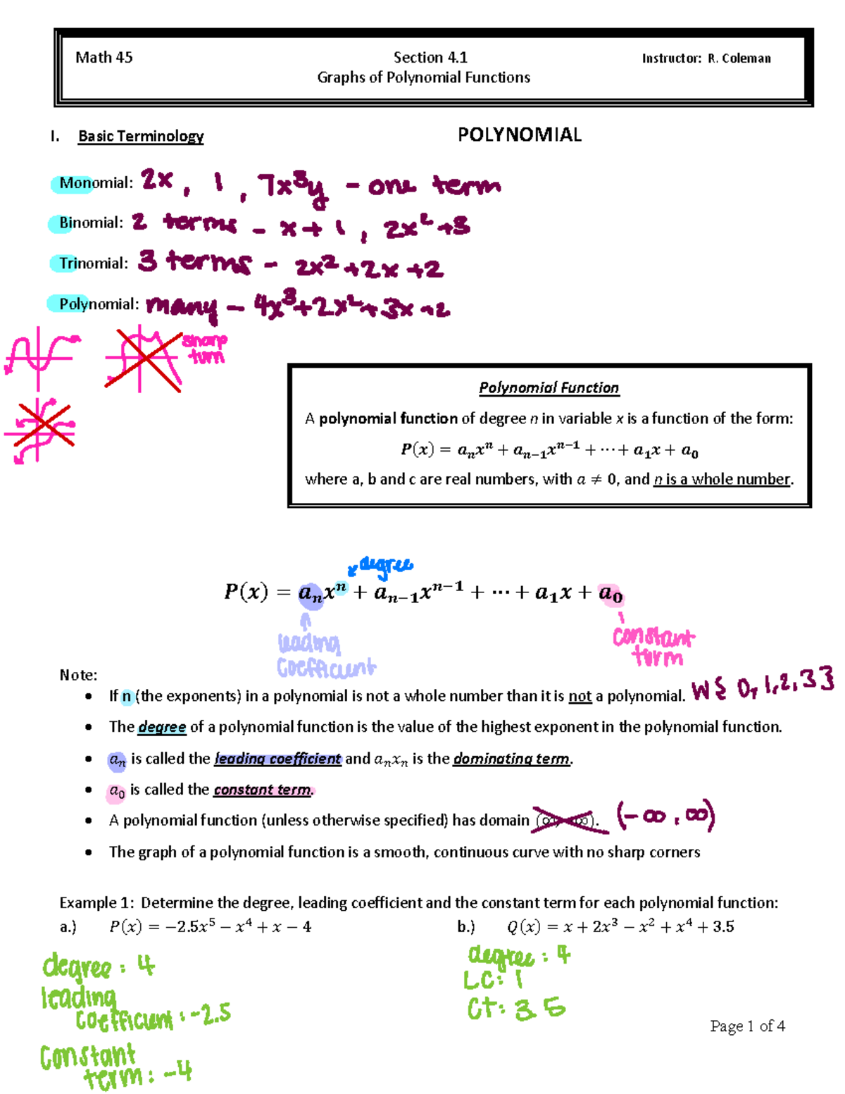 Ch 4 - Notes - Page 1 of 4 Math 45 Section 4 Instructor: R. Coleman ...