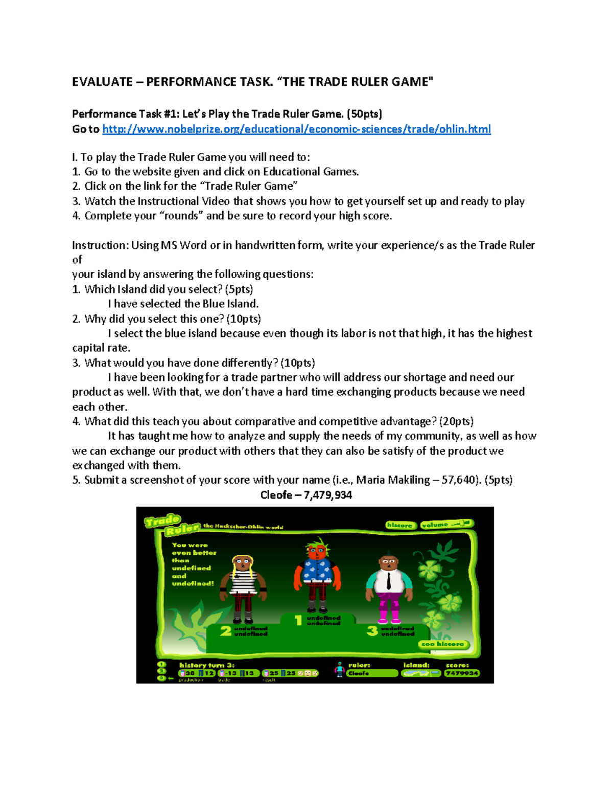 Trade Ruler Game - INTLBT Subject - EVALUATE – PERFORMANCE TASK. “THE ...