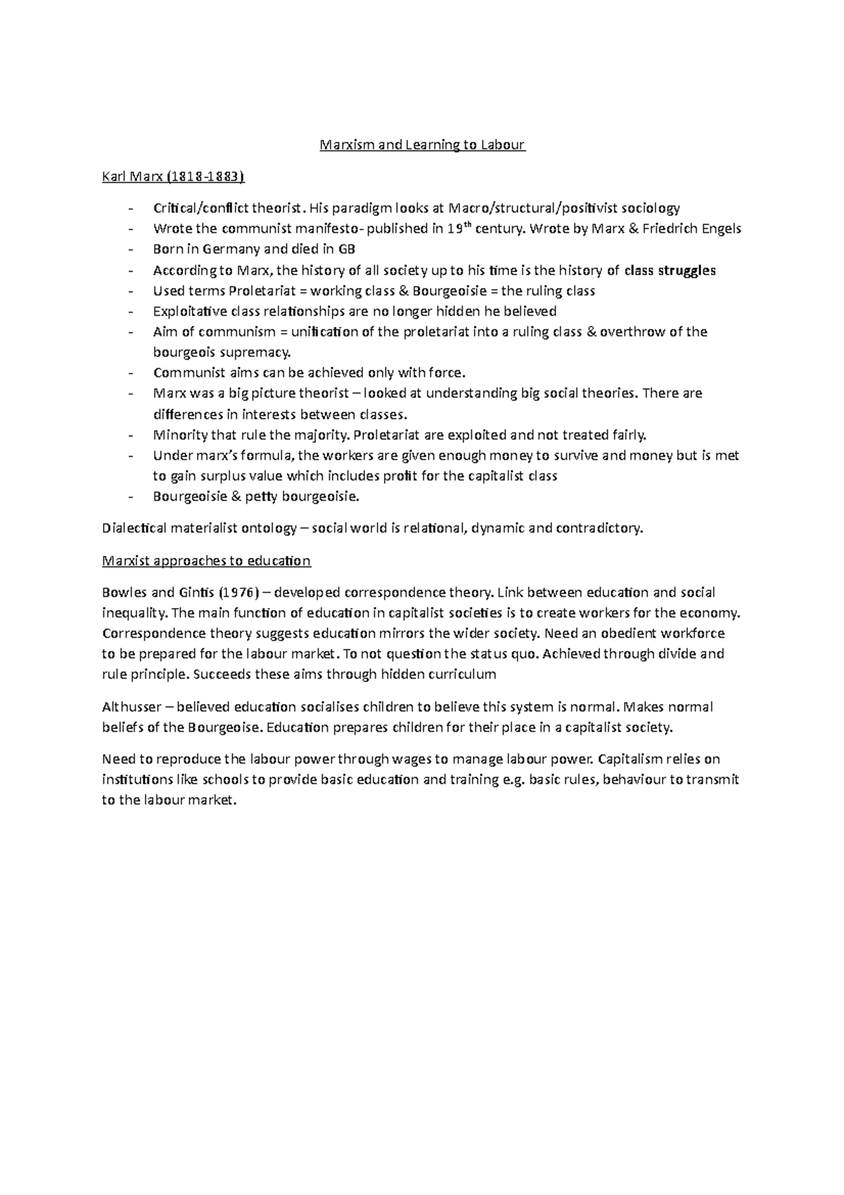 Marxism and Learning to Labour - His paradigm looks at Macro/structural ...