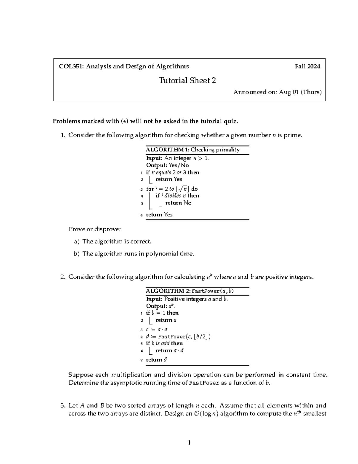 Sheet-2 - Tut2 COL351 - COL351: Analysis and Design of Algorithms Fall 2024 Tutorial Sheet 2 ...