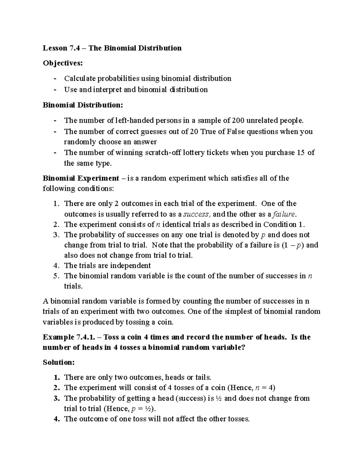 MATH1342 Hawkes Lesson 7.4 Binomial Distribution - Lesson 7 – The ...