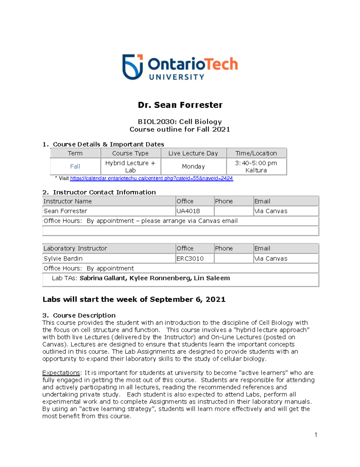Cell Biology Syllabus Fall 2021 - Dr. Sean Forrester BIOL2030: Cell ...