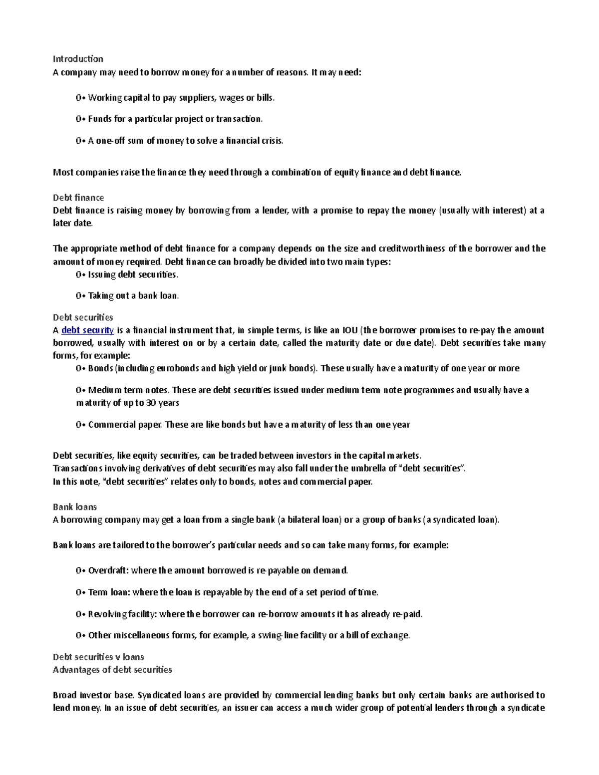 Methods of raising debt finance - Introduction A company may need to ...