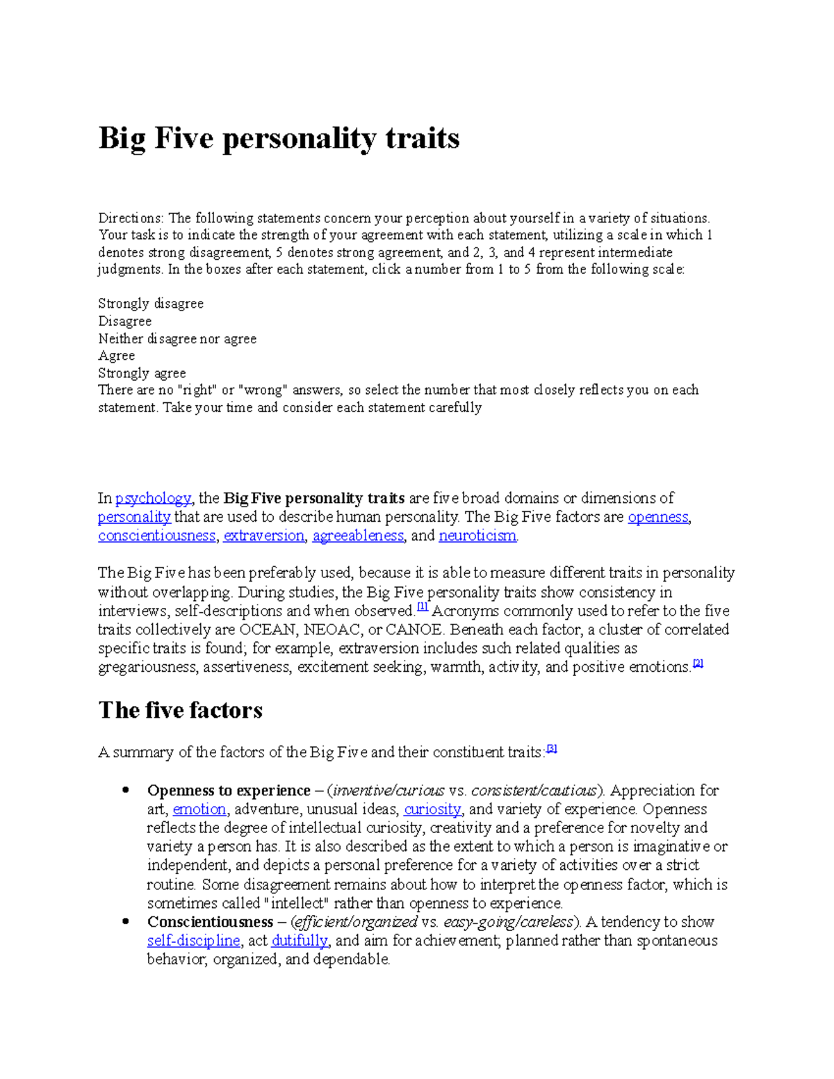 Big Five personality traits - Big Five personality traits Directions ...