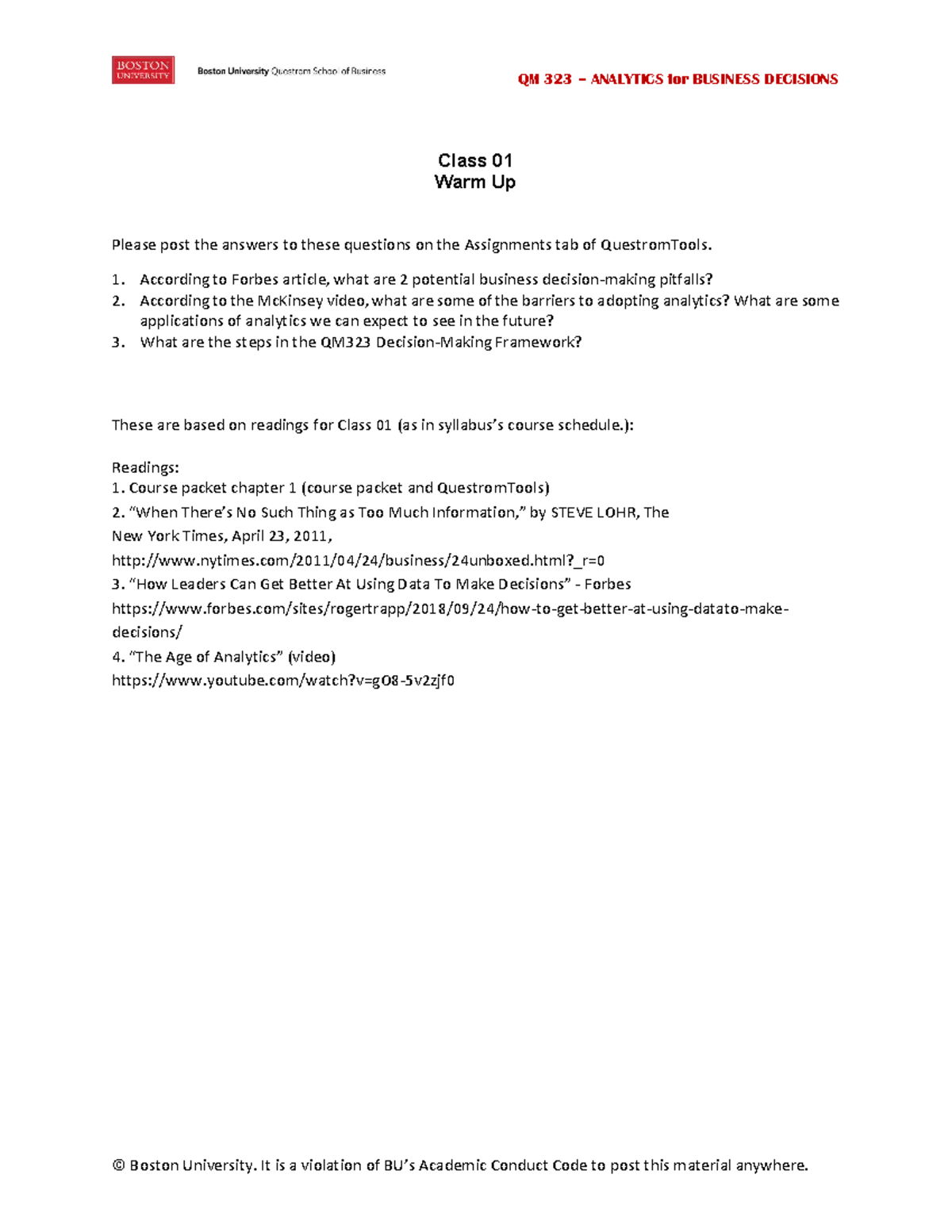 WARM UP 1 - Warm Up 1,2 assignments. Gives guideline to how the ...