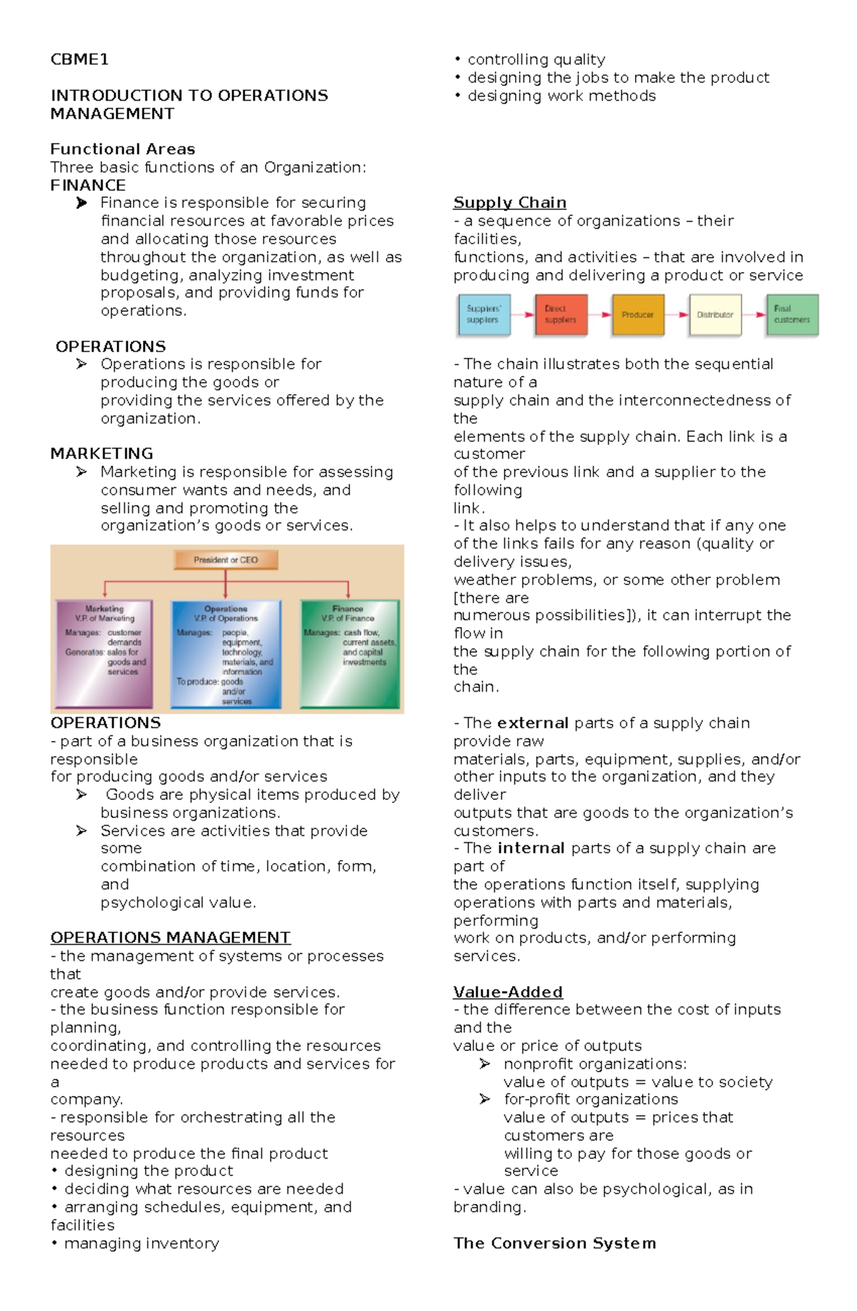 CBME1 - Notes - CBME INTRODUCTION TO OPERATIONS MANAGEMENT Functional ...