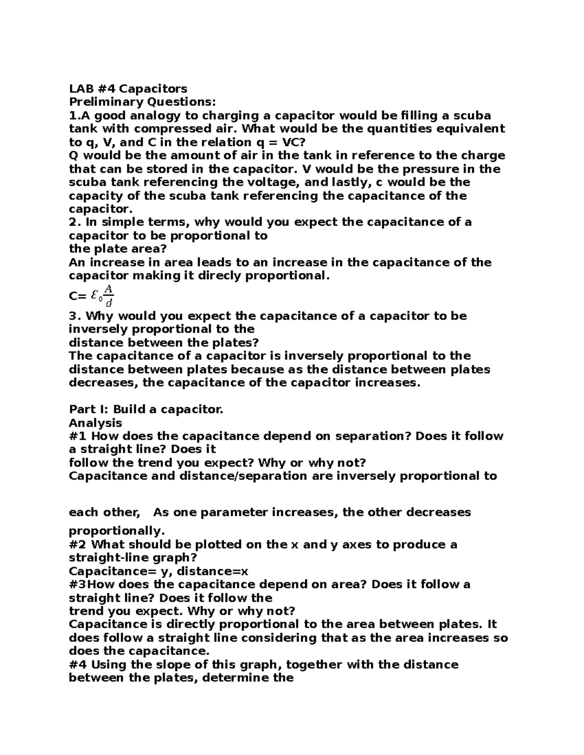 Physics 2 LAB #4 - LAB #4 Capacitors Preliminary Questions: 1 good ...