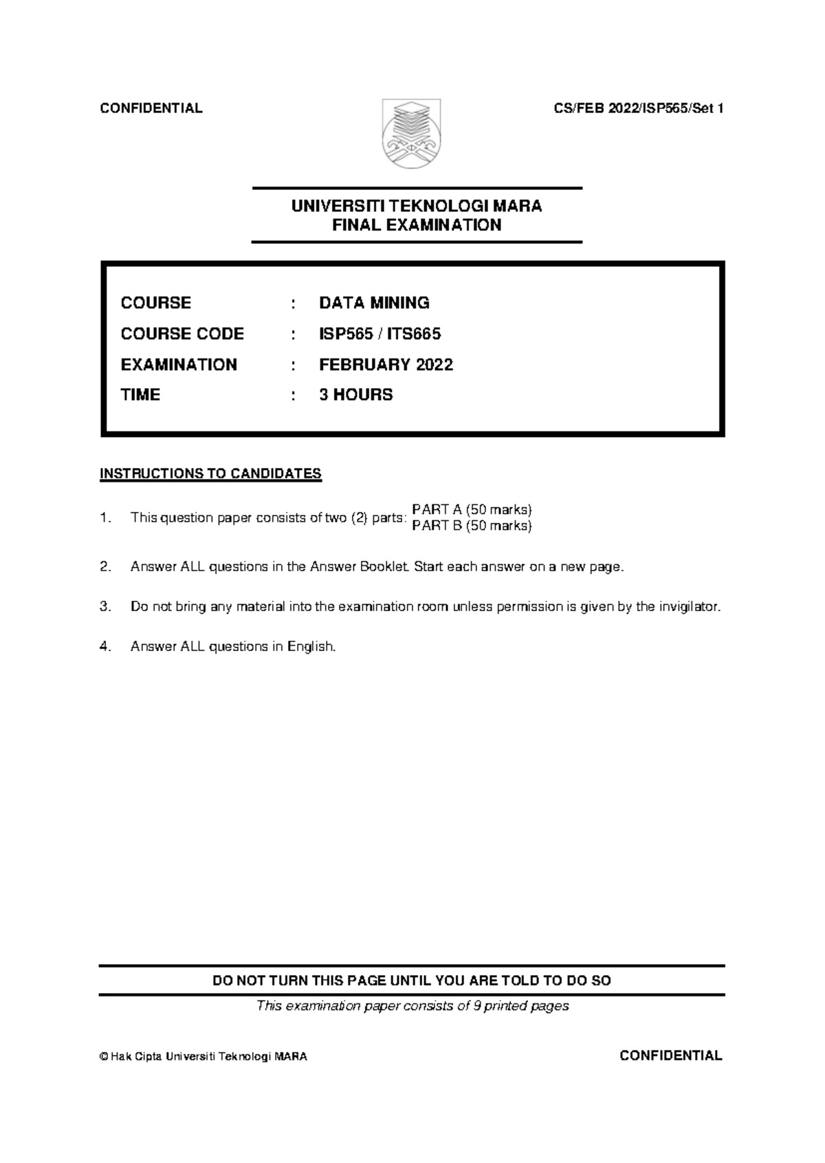 DATA MINING Past Year Question Part 1 (Objective Questions) February ...
