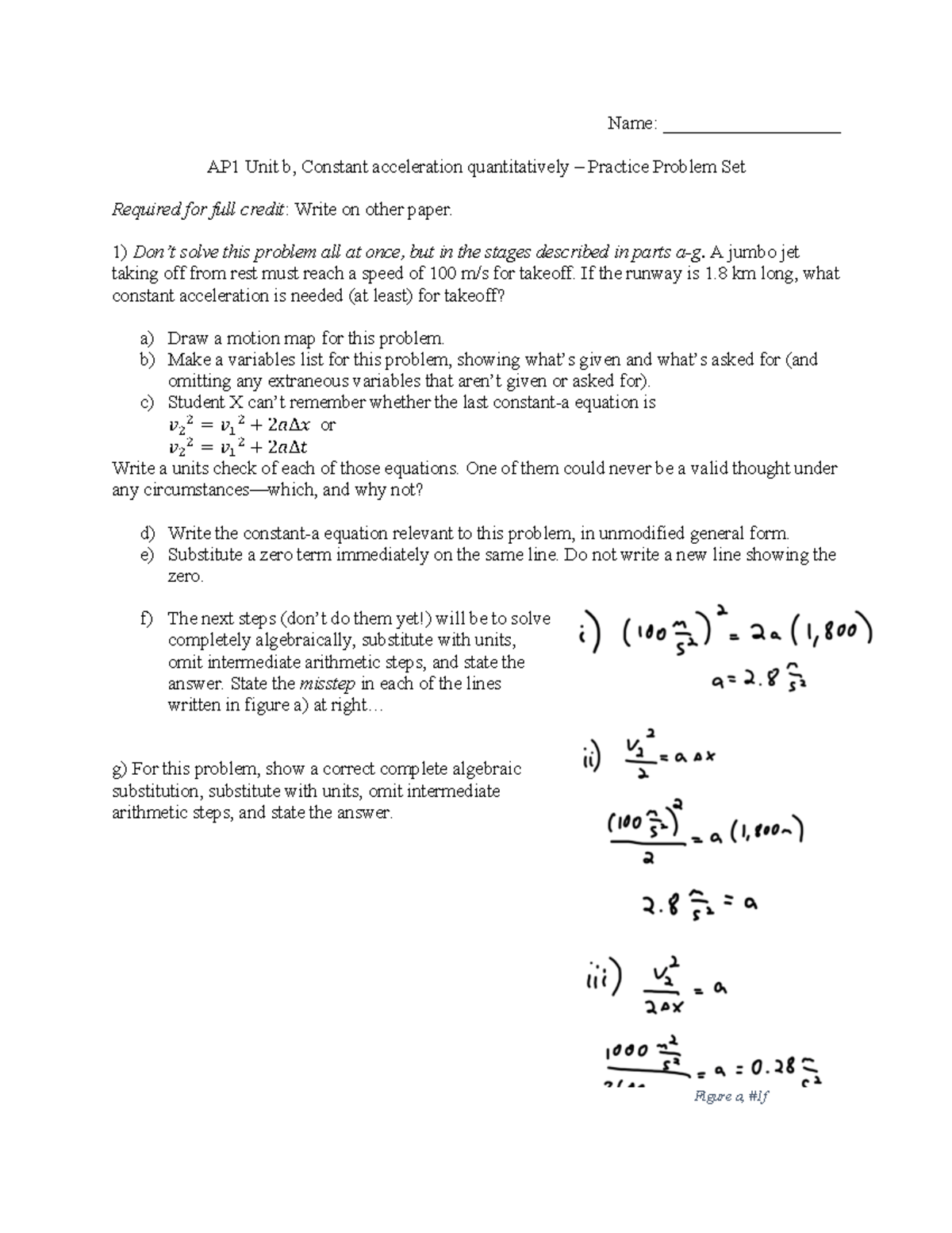 Problem set - AP1 unit b, 1D kinematics quantitatively - Name: ___________________ AP1 Unit b ...