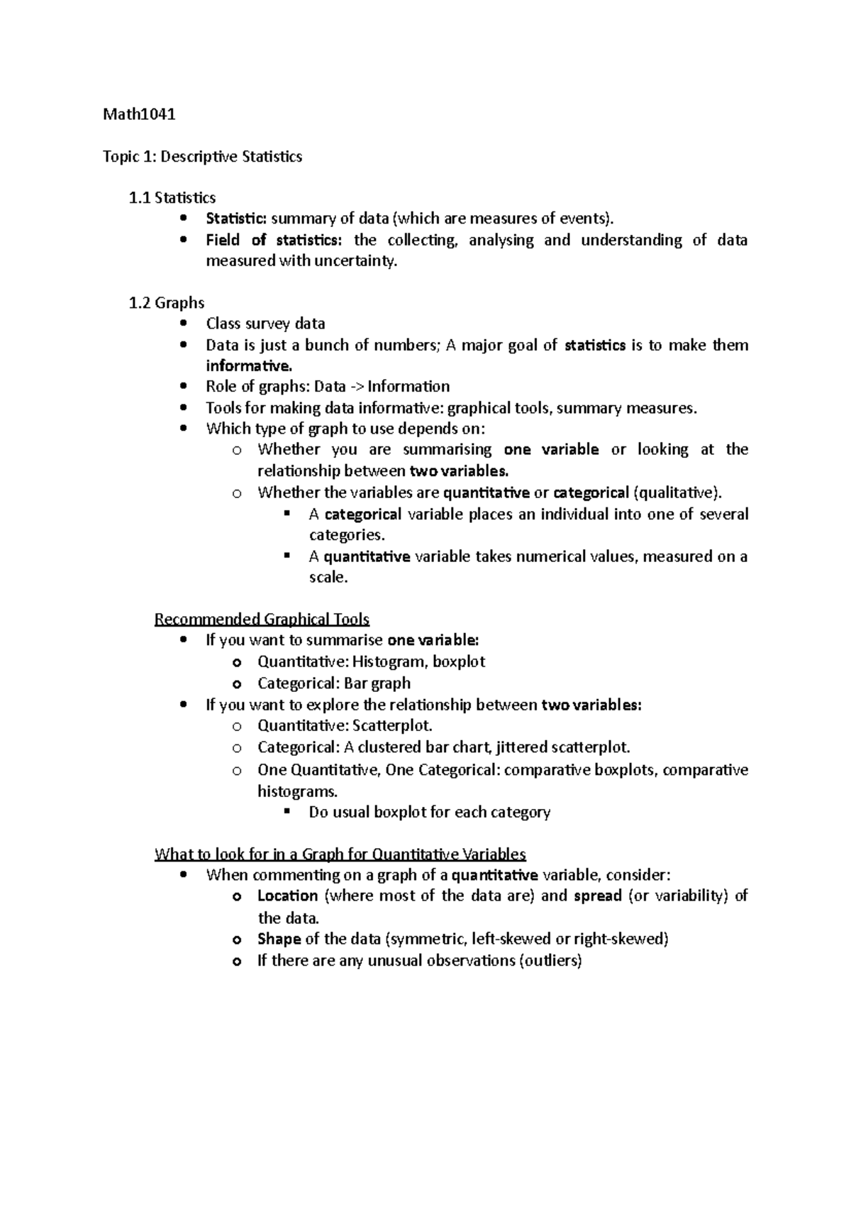 MATH1041 notes - Math1041 Topic 1: Descriptive Statistics 1 Statistics ...