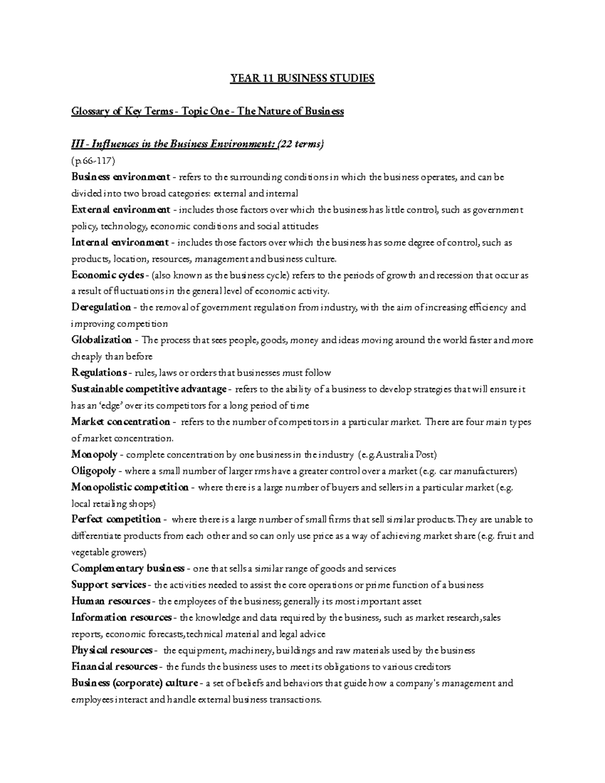 Glossary - Influences in the Business Environment - YEAR 11 BUSINESS ...