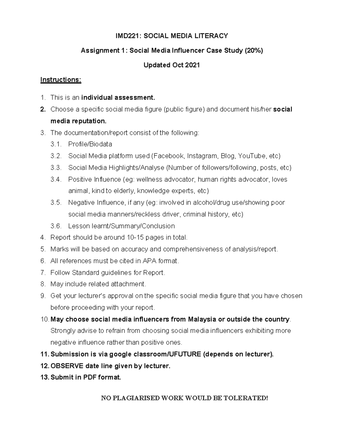 Assignment 1 - OCT2021 - IMD221: SOCIAL MEDIA LITERACY Assignment 1 ...