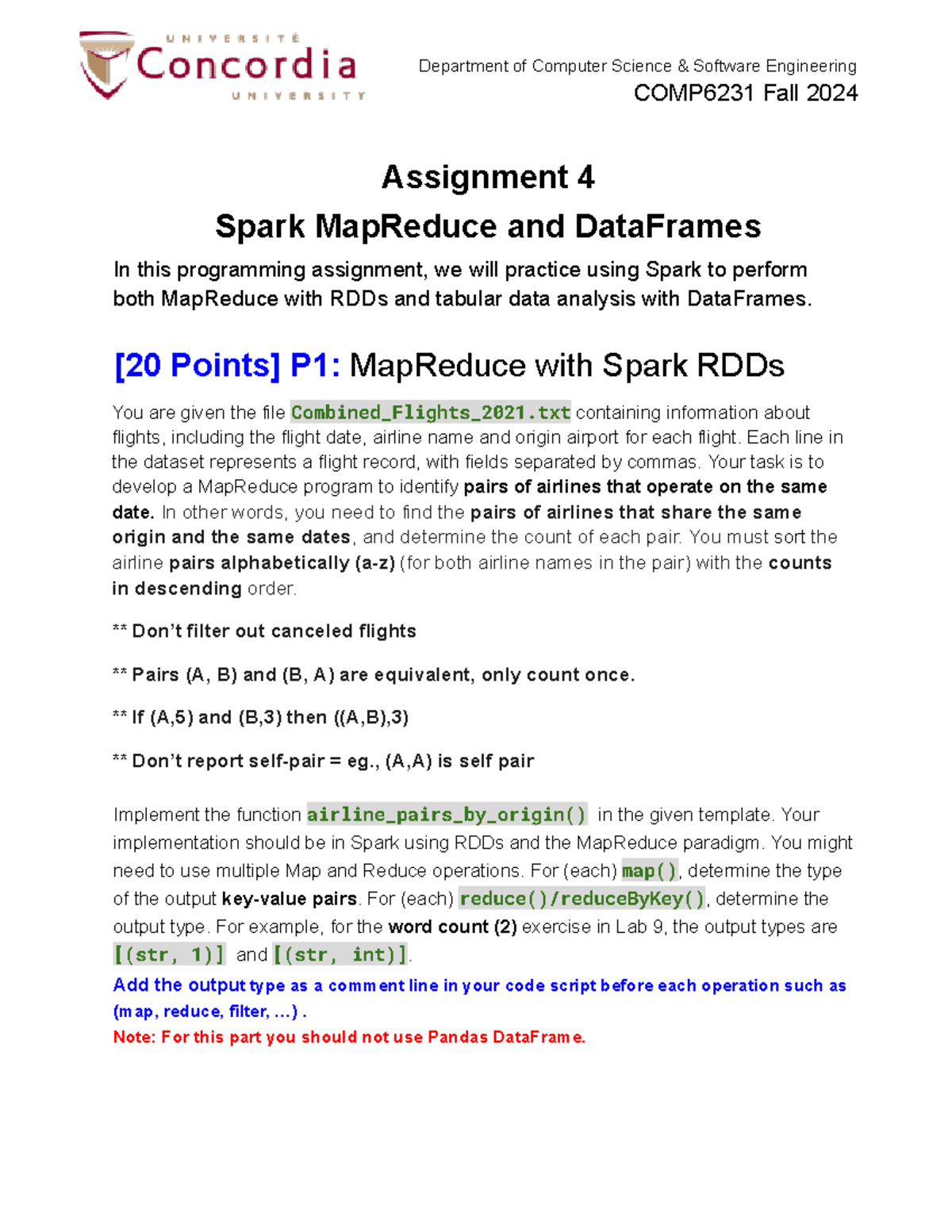 COMP6231 Fall2024 Assignment 04 Spark Map Reduce Data Frame - Department of Computer Science ...