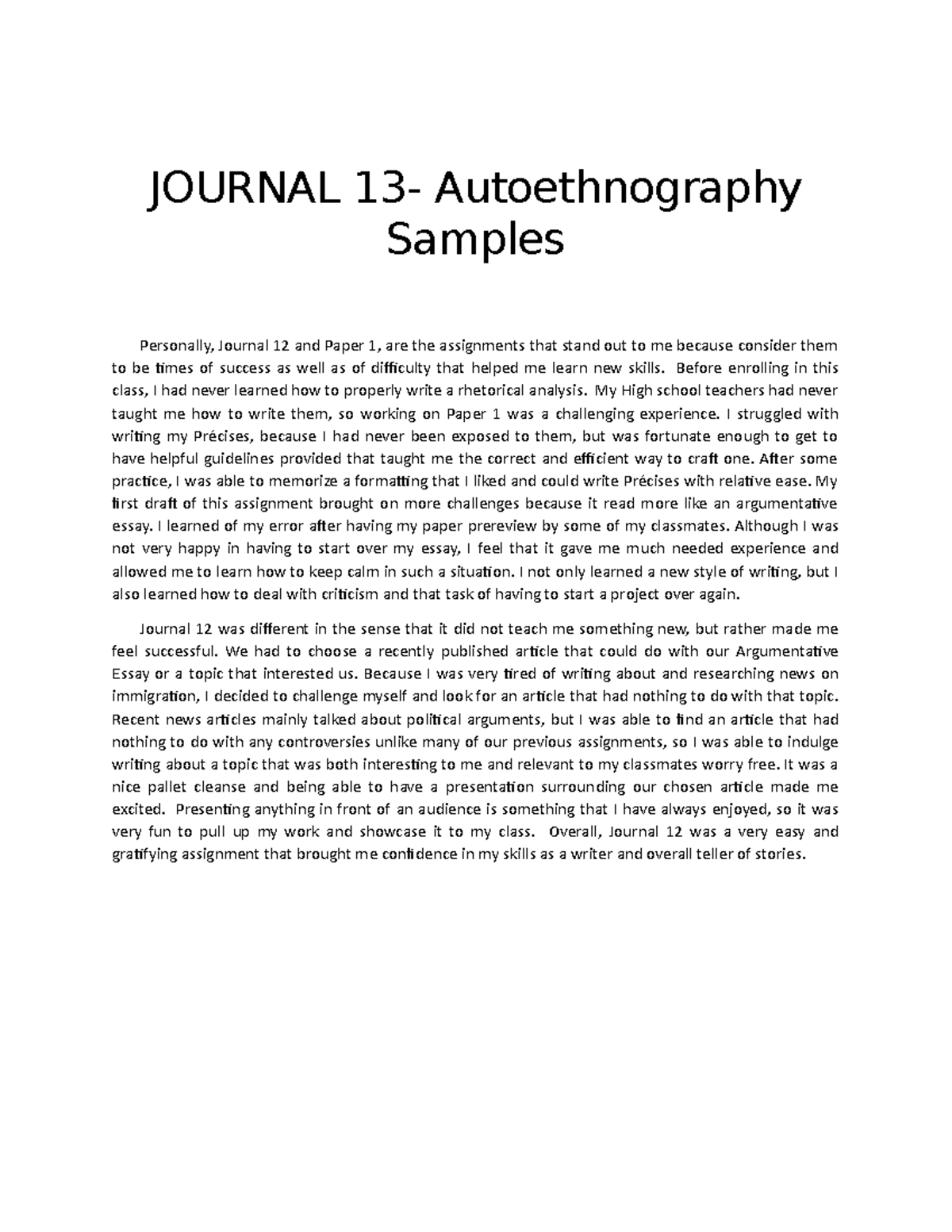 Journal 13 - JOURNAL 13- Autoethnography Samples Personally, Journal 12 ...
