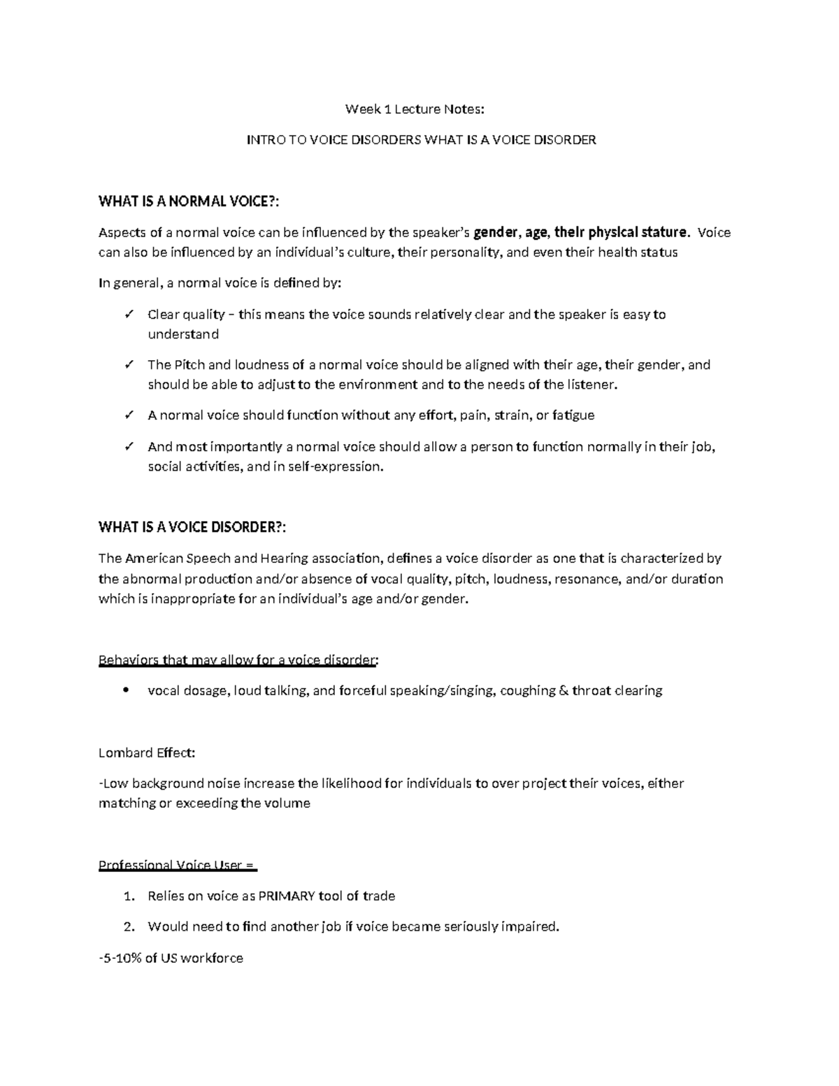 Week 1 lecture notes - Week 1 Lecture Notes: INTRO TO VOICE DISORDERS ...