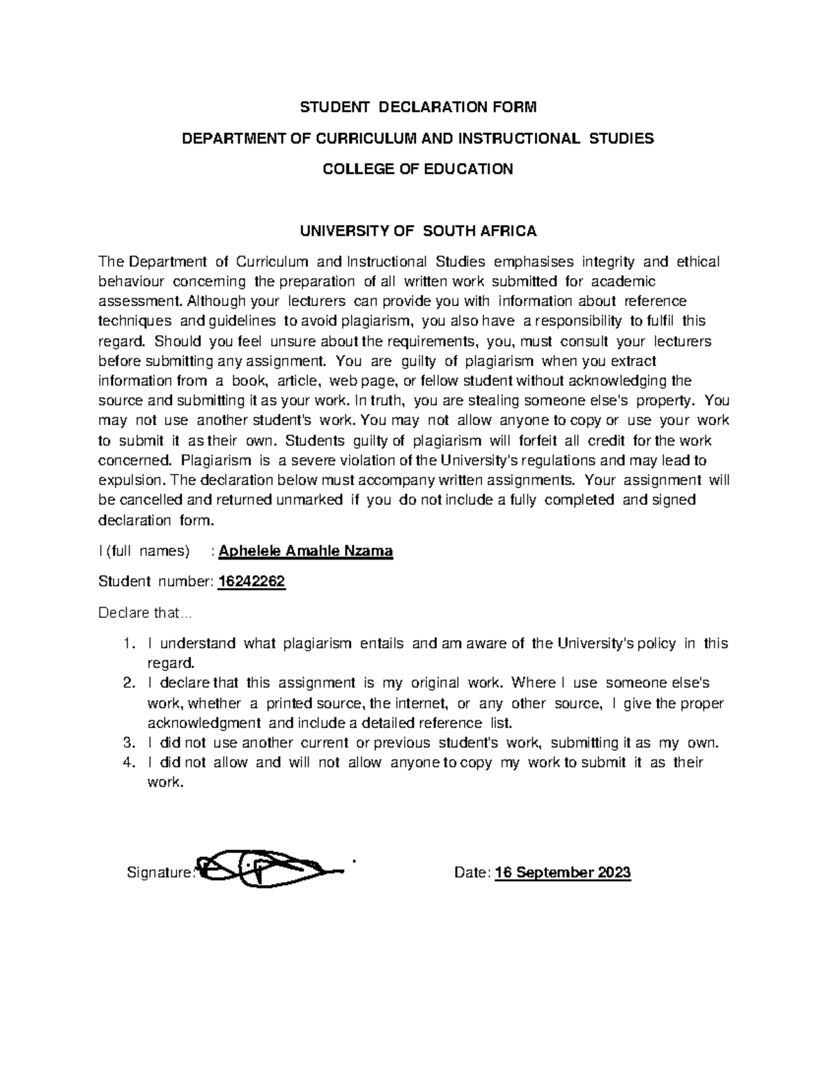 16242262 AED3701 ASS4 - STUDENT DECLARATION FORM DEPARTMENT OF ...