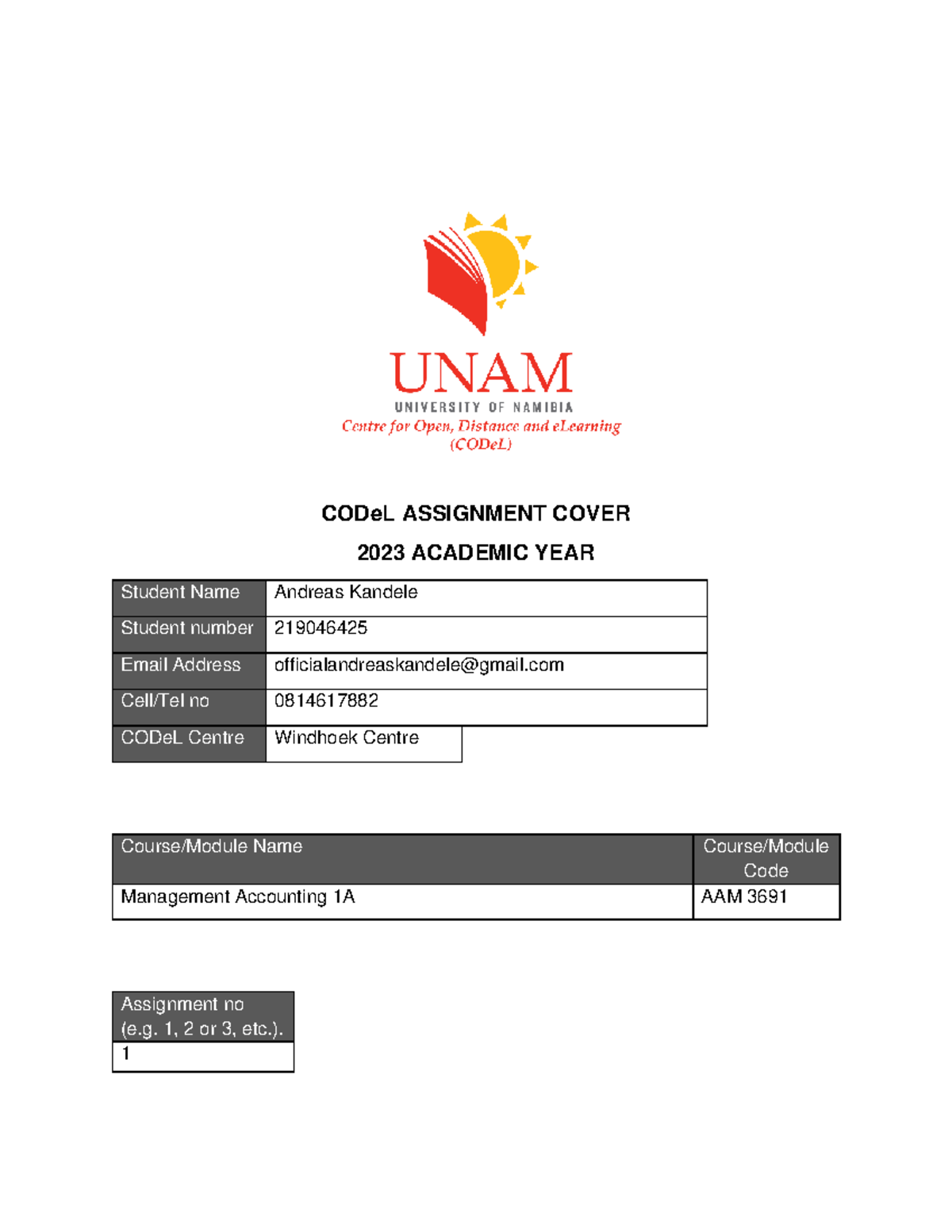 Man Acc 1A Assg 1 2023 - assignment questions - CODeL ASSIGNMENT COVER ...
