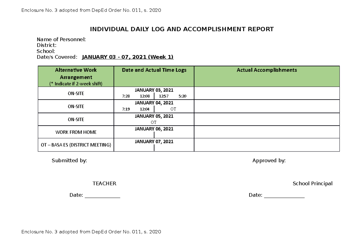 INDIVIDUAL DAILY LOG AND ACCOMPLISHMENT REPORT - Enclosure No. 3 ...