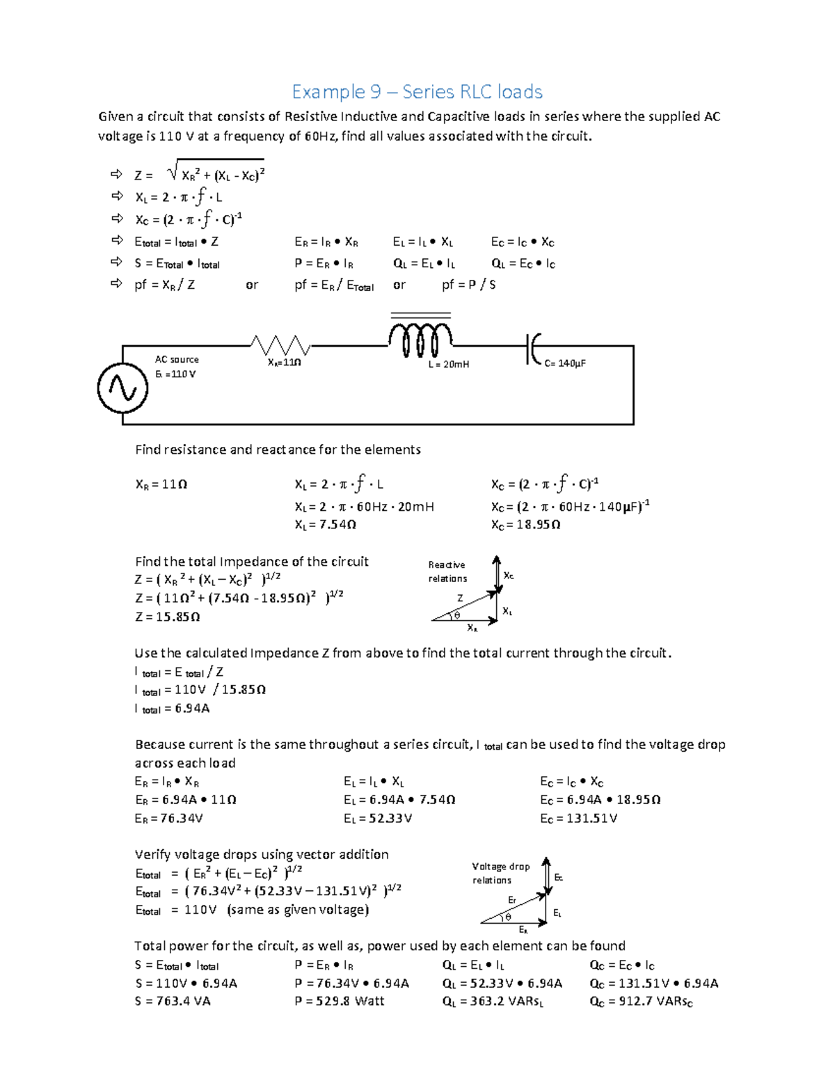 Week 1 Example 9 – Series RLC loads - Example 9 – Series RLC loads ...