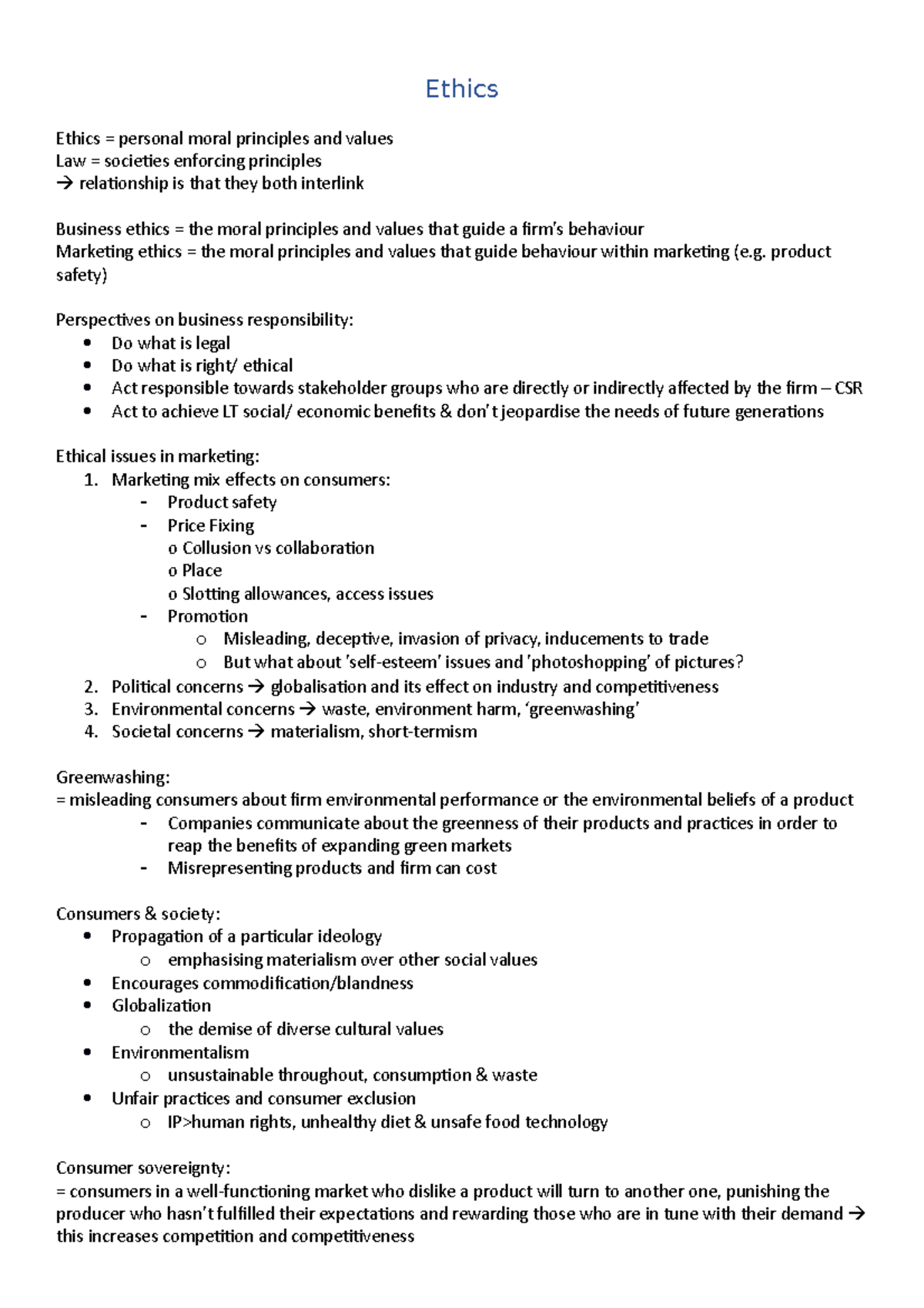 10 - Ethics - Condensed notes - Ethics Ethics = personal moral ...