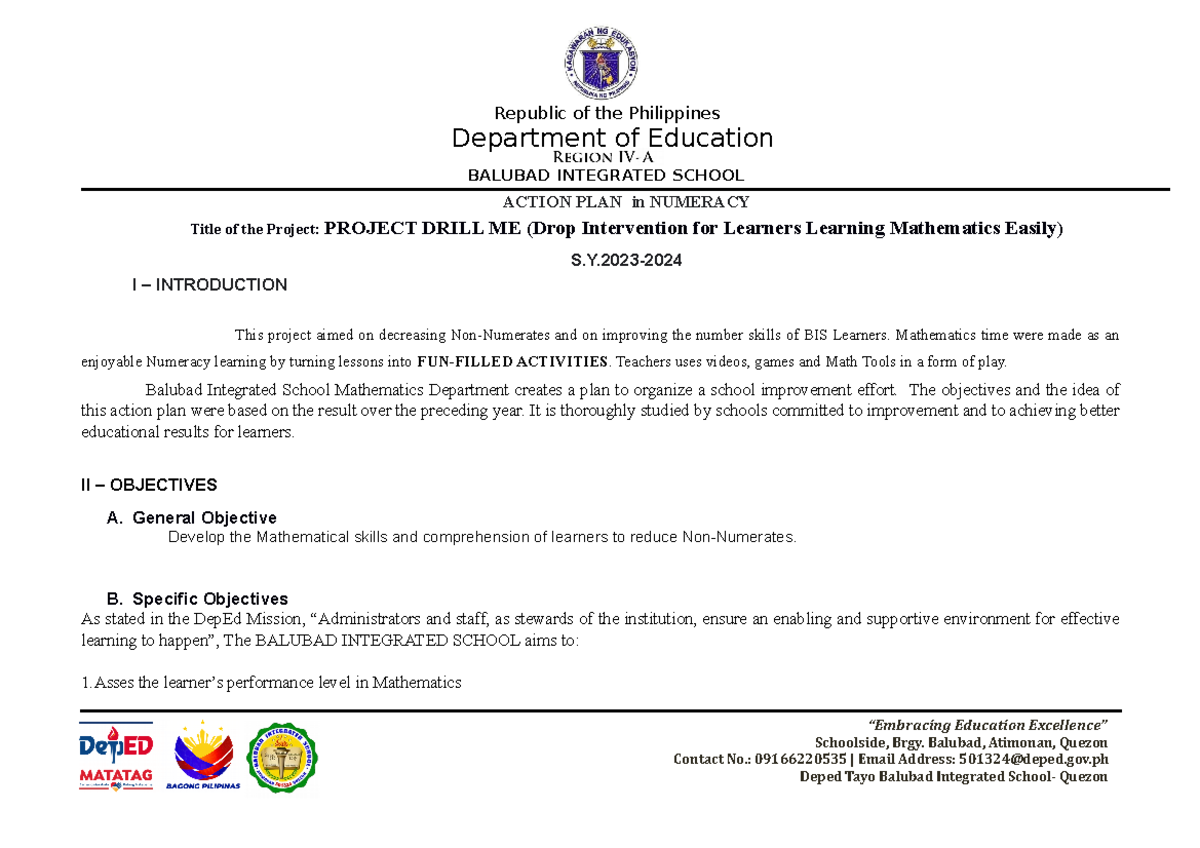 Action Plan in Numeracy SY23-24 - BALUBAD INTEGRATED SCHOOL Department ...