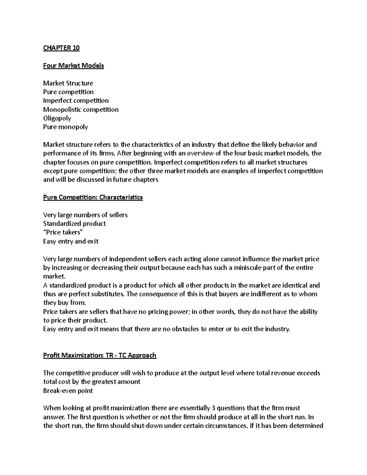 Chapter 10 - CHAPTER 10 Four Market Models Market Structure Pure ...