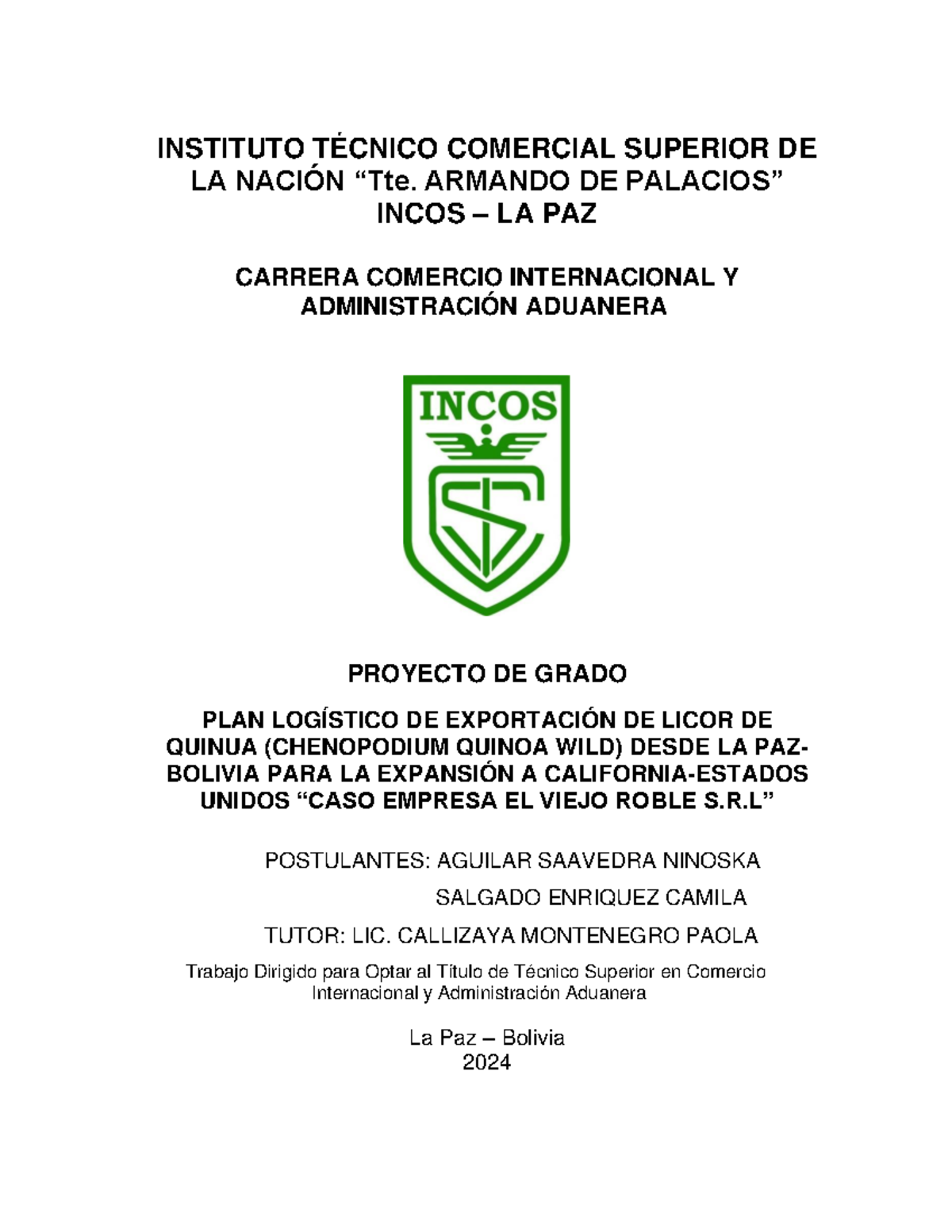 caratula de proyecto de grado incos la paz - INSTITUTO TÉCNICO ...