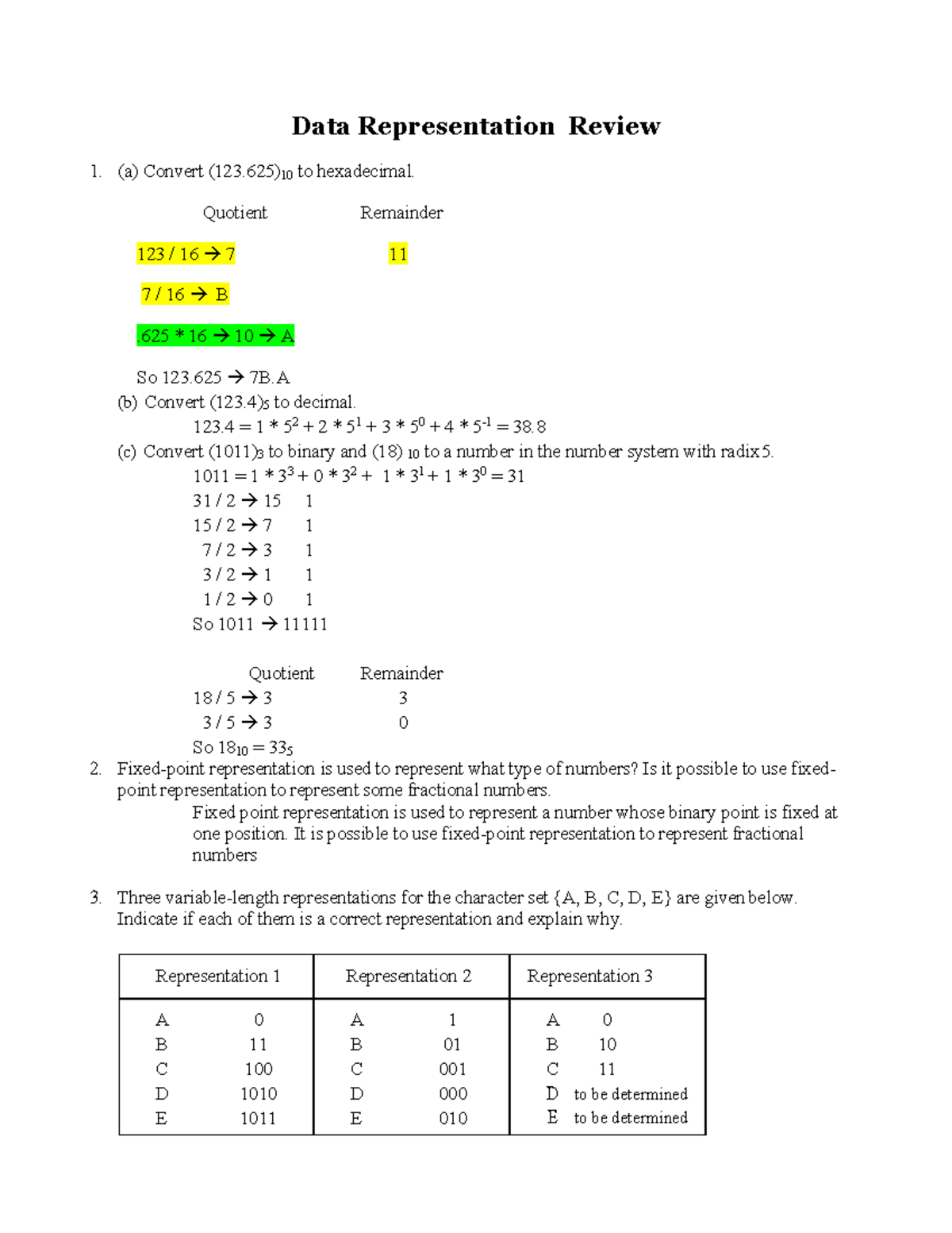 CS 3375 Practice Problems 1 - Data Representation Review (a) Convert ...