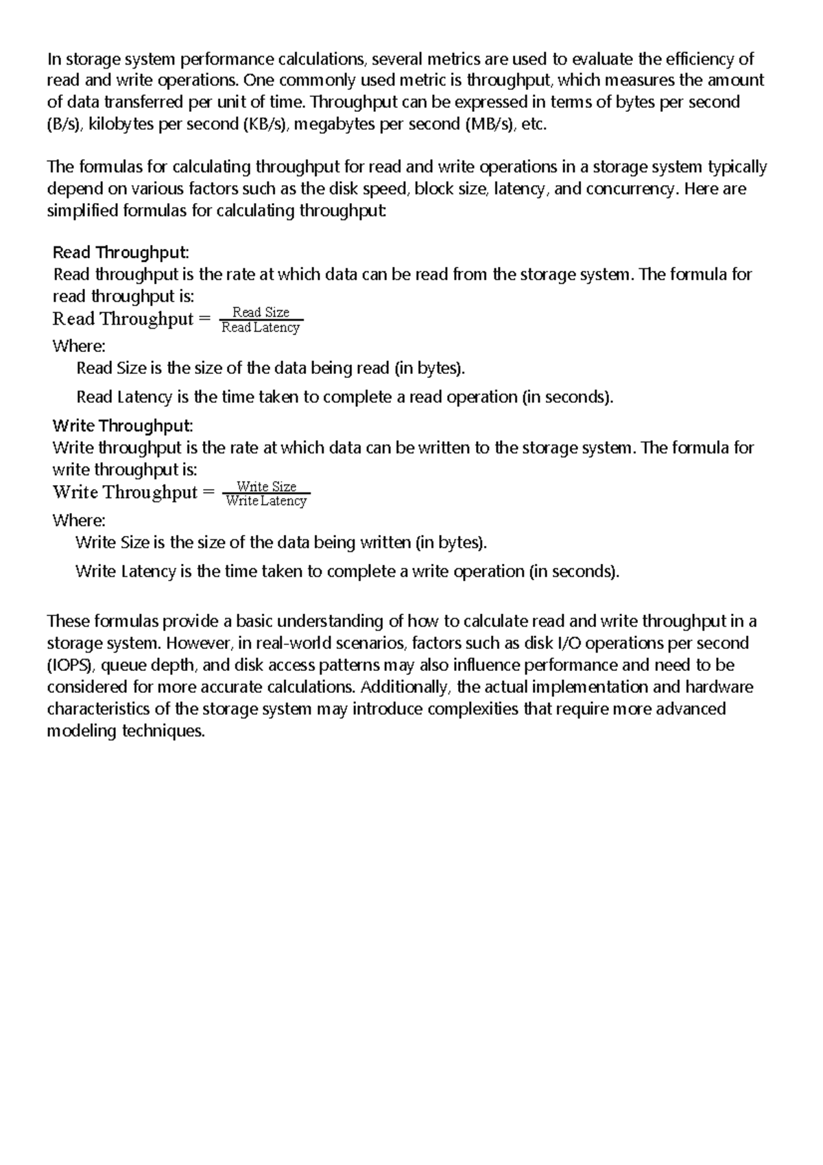 Maths - Nil - In storage system performance calculations, several metrics are used to evaluate ...