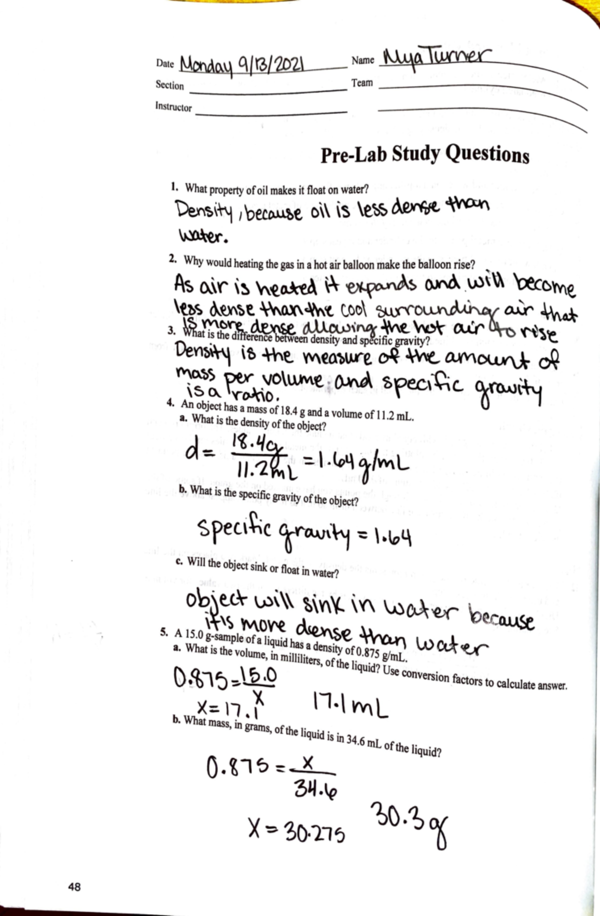 Chem Pre-Lab Questions #3 - 48 Date hl()')ti~~ C\ { r3/ 20 1\ Section ...
