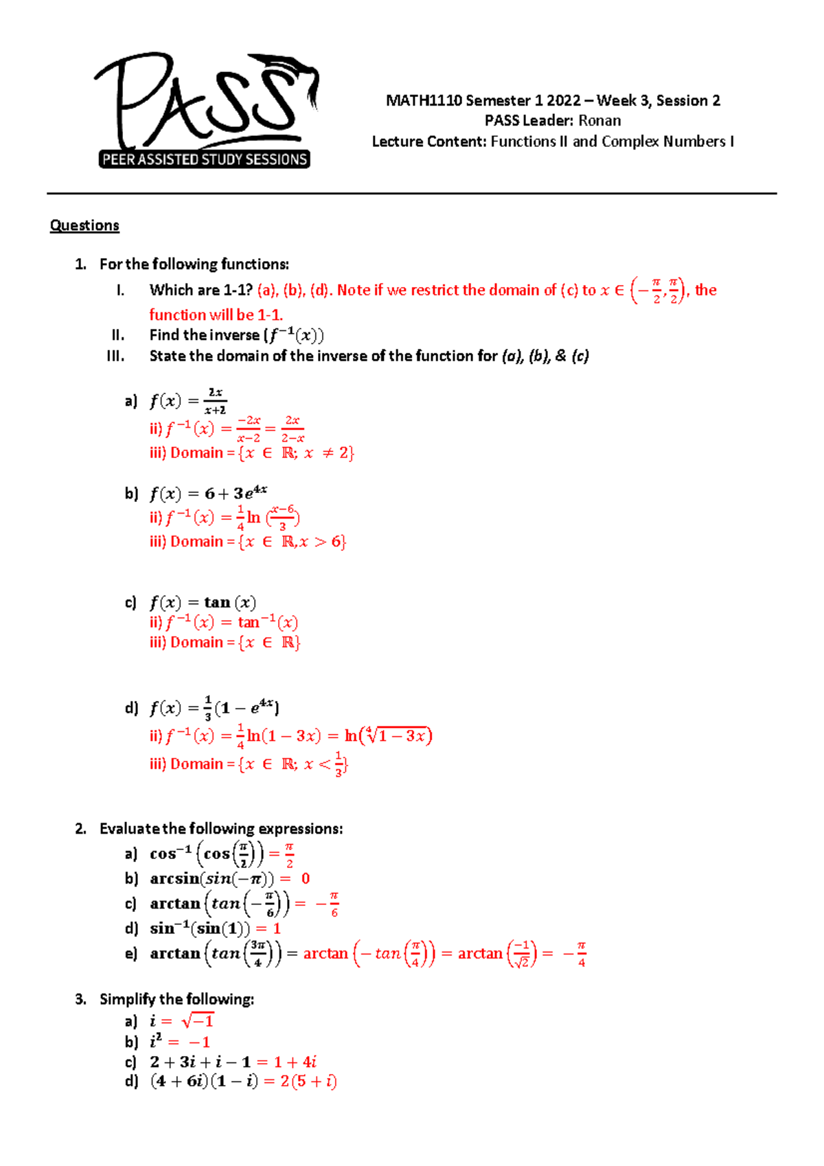 MATH1110 PASS Session 2 Worksheet Answers - Ronan - MATH1110 Semester 1 ...