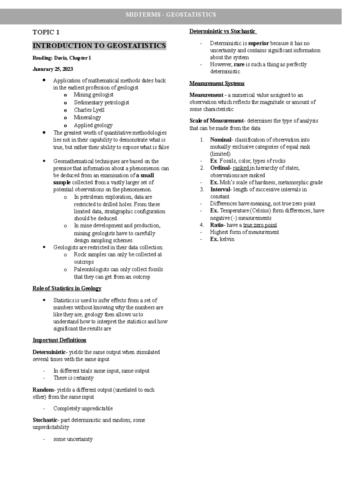 1-introduction to geostatistics - TOPIC 1 INTRODUCTION TO GEOSTATISTICS Reading: Davis, Chapter ...
