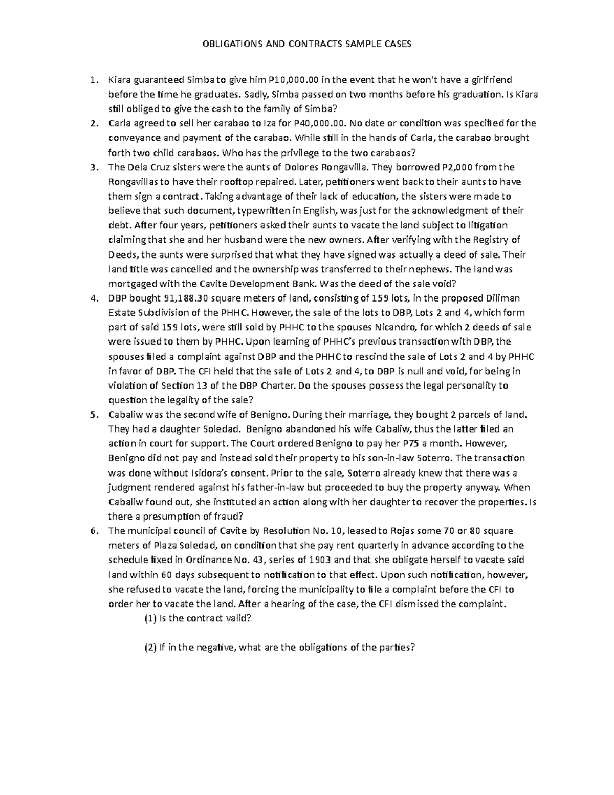 Oblicon Sample Cases - OBLIGATIONS AND CONTRACTS SAMPLE CASES Kiara ...