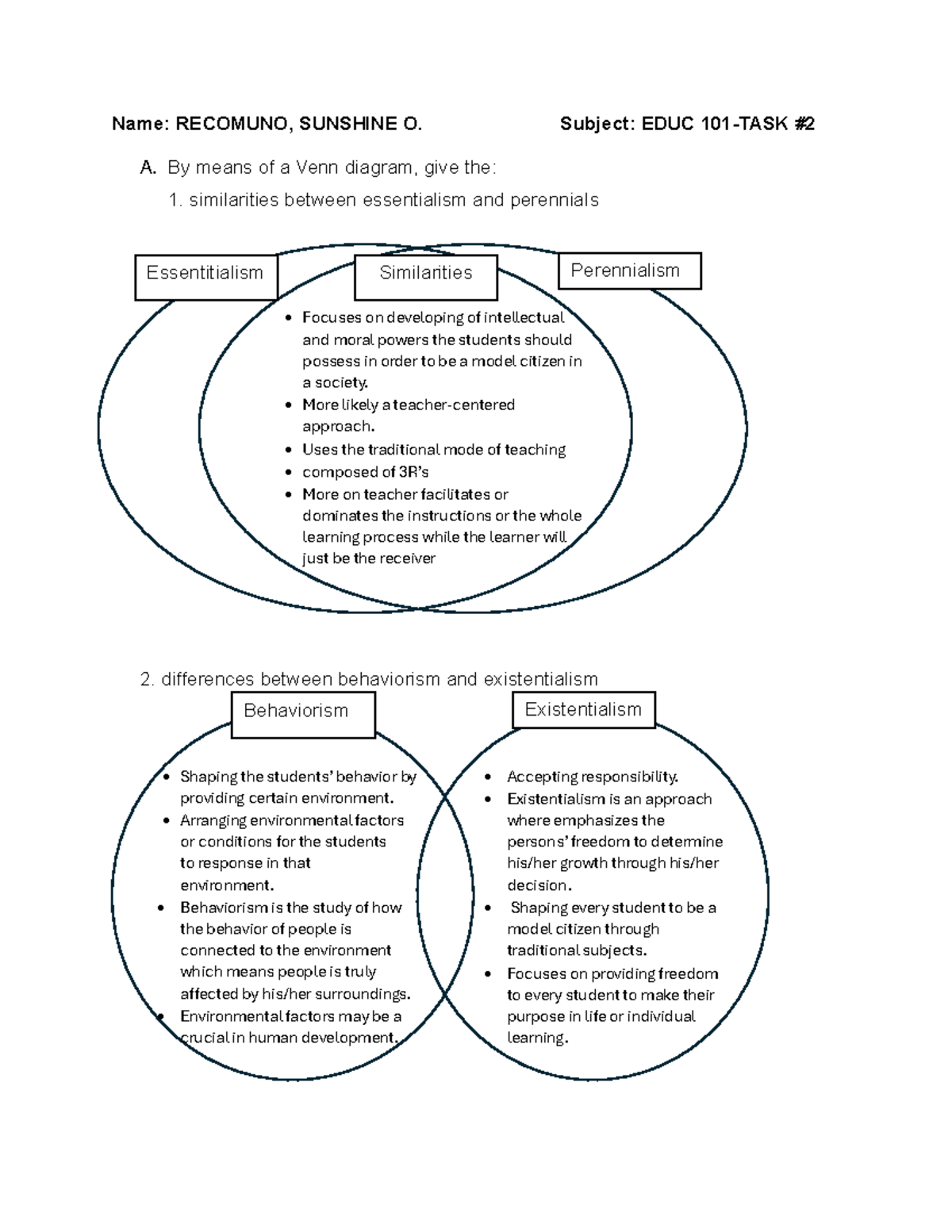 Recomuno, Sunshine O. - EDUC 101, TASK #2 - Name: RECOMUNO, SUNSHINE O. Subject: EDUC 101-TASK ...
