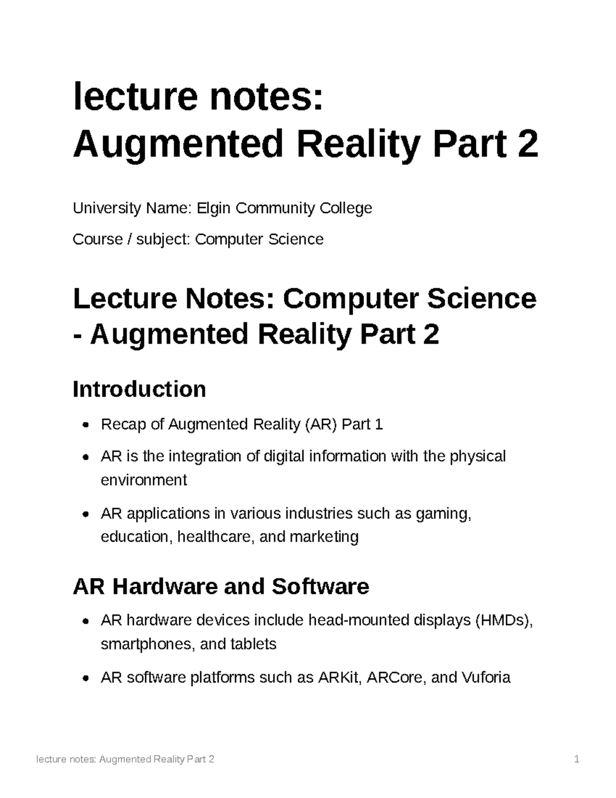 Lecture notes Augmented Reality Part 2 - lecture notes: Augmented ...