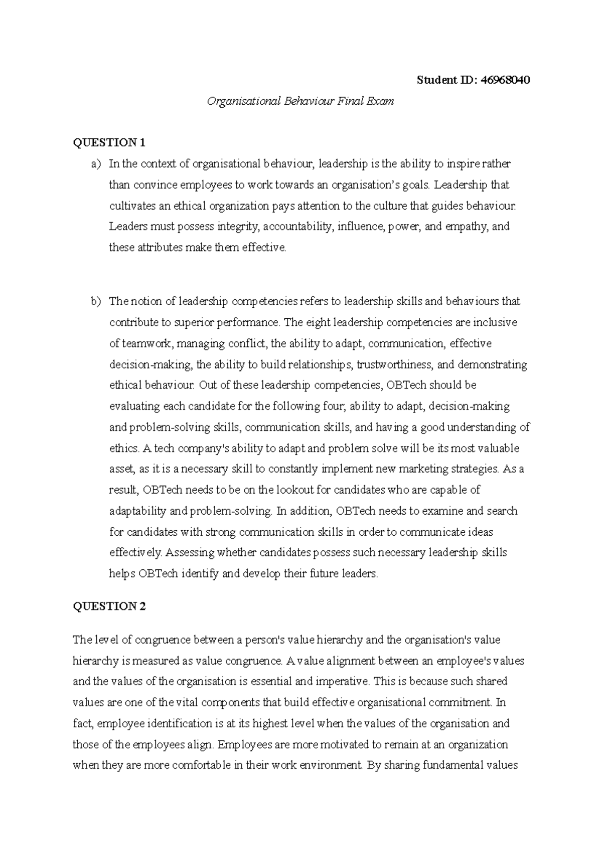 organisational behaviour final exam - 2020/2021/2022 - Student ID ...